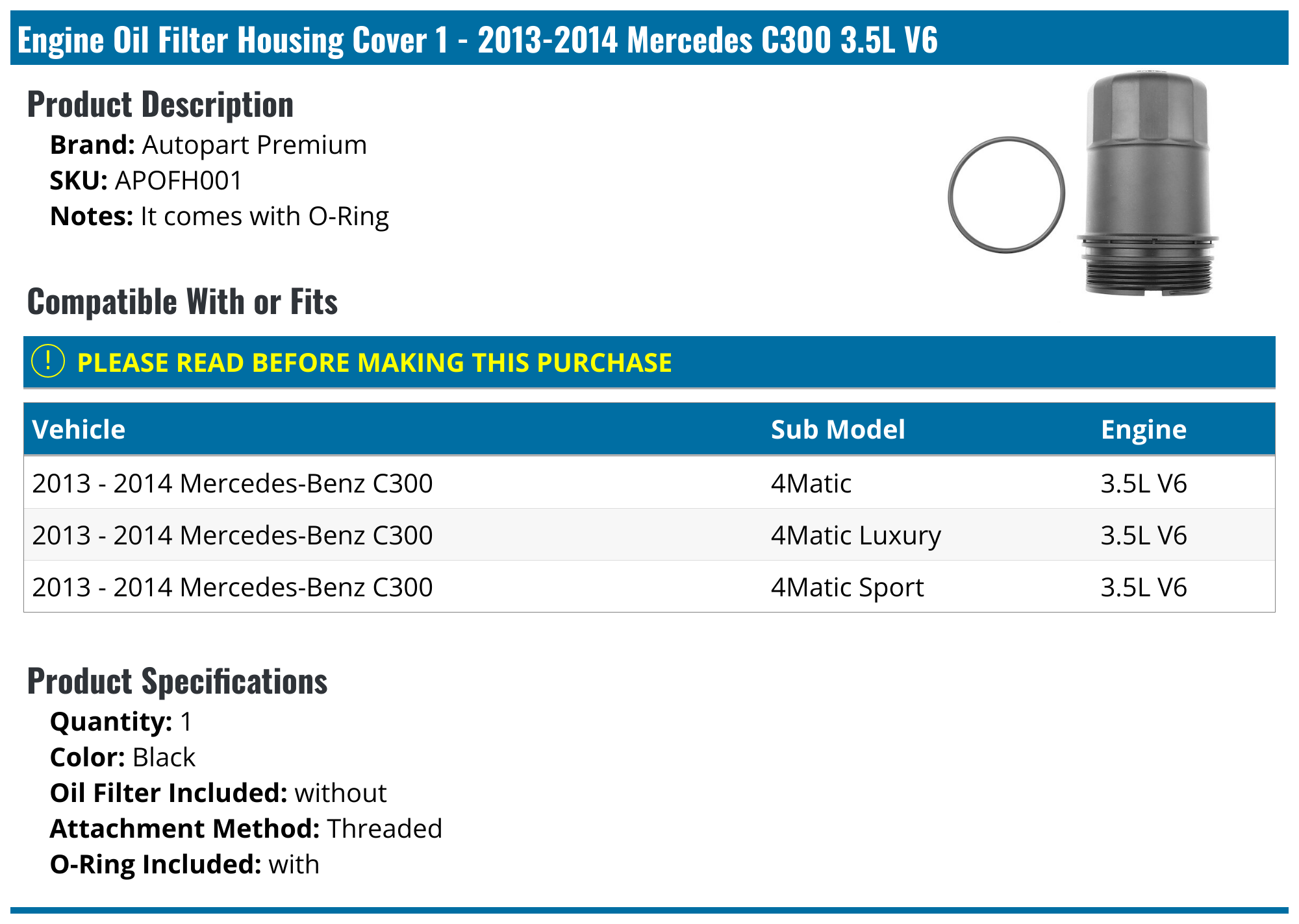 2013-2014 Mercedes C300 Engine Oil Filter Housing Cover - Autopart ...