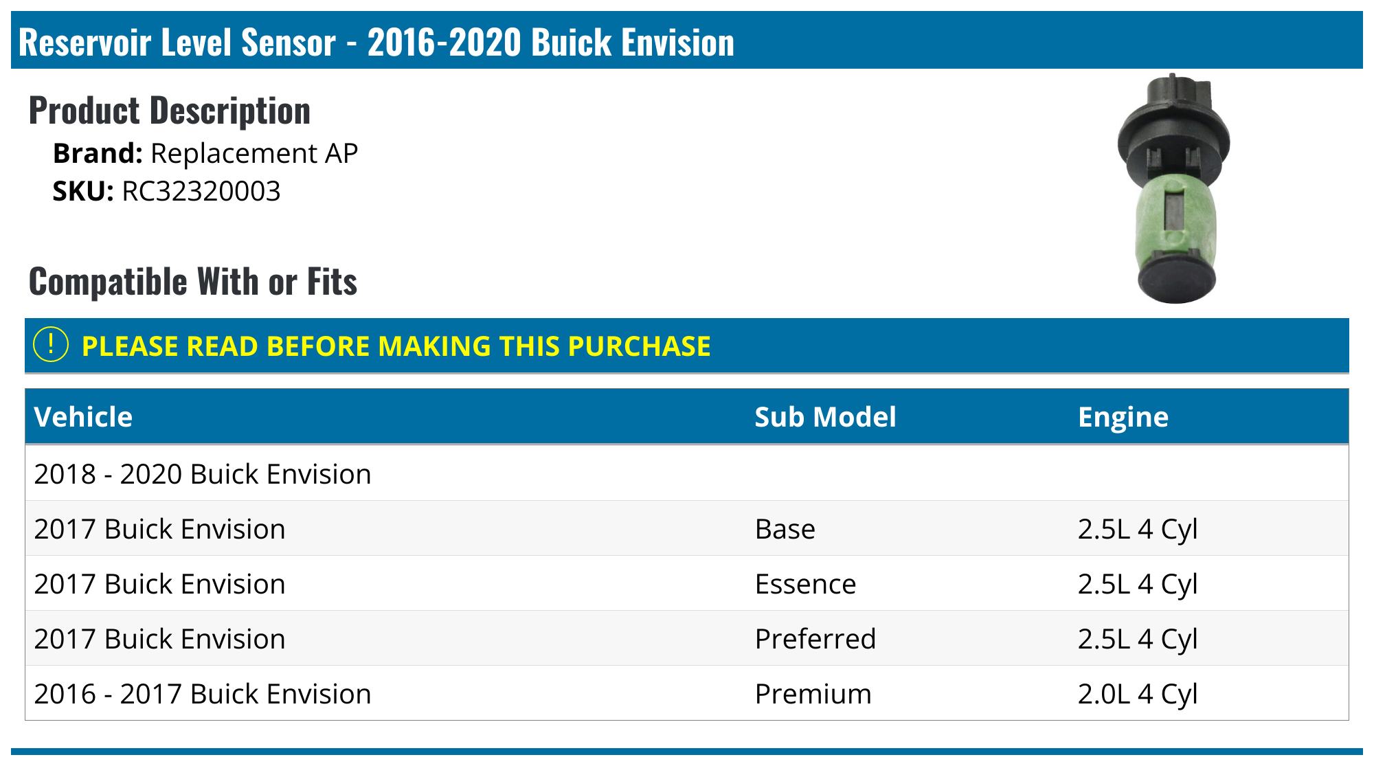 2016-2019 Buick Envision Reservoir Level Sensor - Replacement AP ...