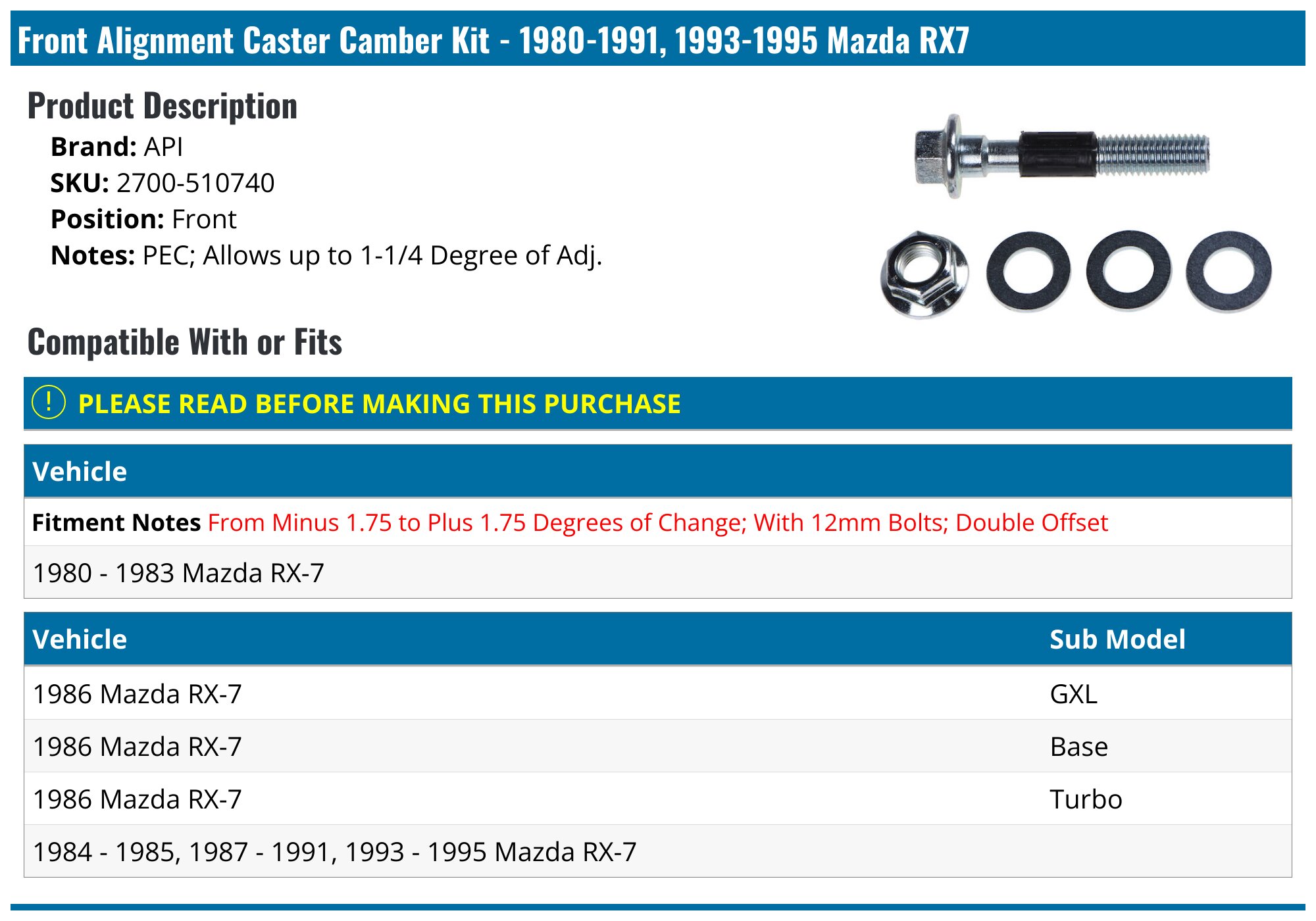 1980-1991, 1993-1995 Mazda RX7 Alignment Caster Camber Kit - API 8567 ...