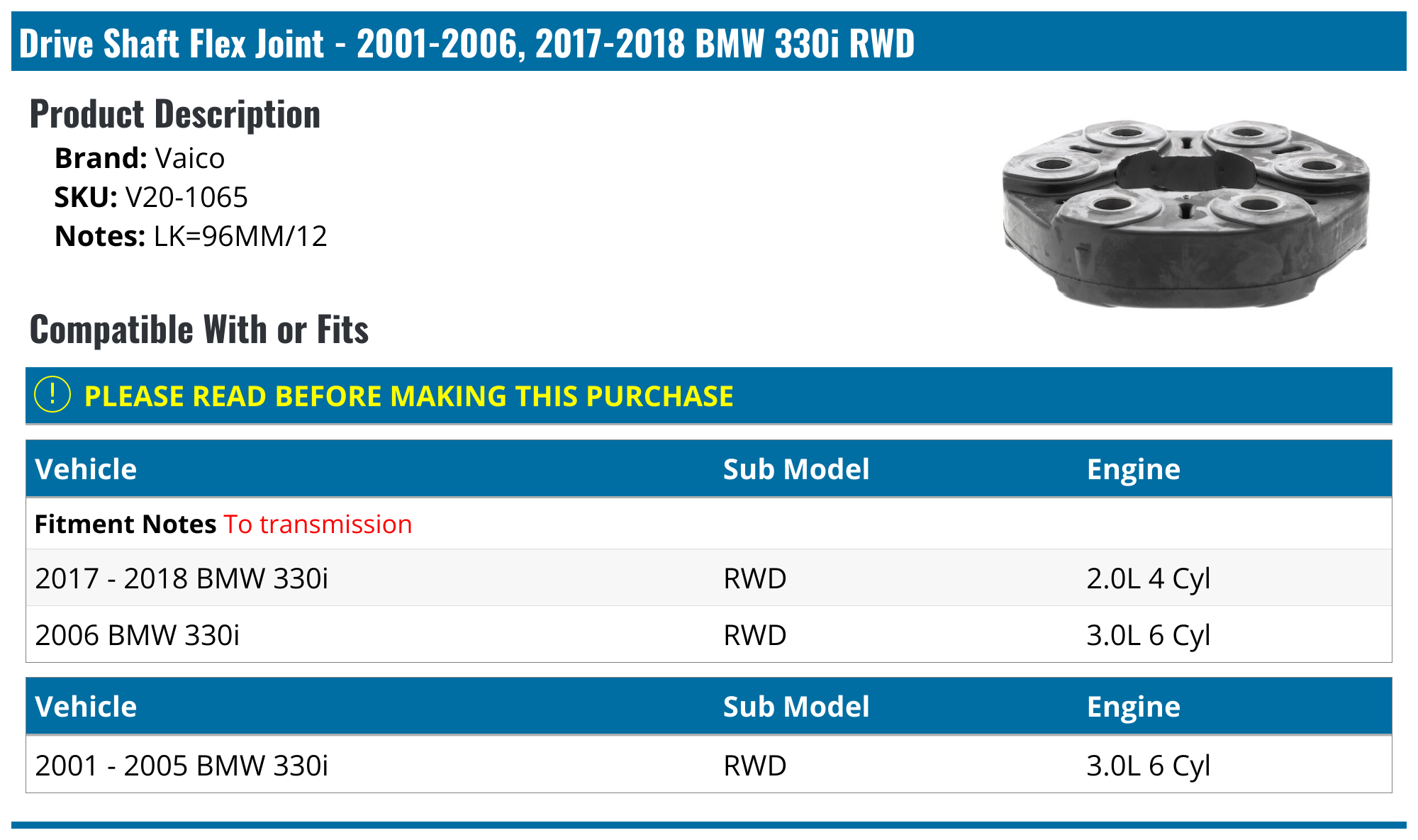 2001-2006, 2017-2018 BMW 330i Drive Shaft Flex Joint - Vaico V20-1065 ...