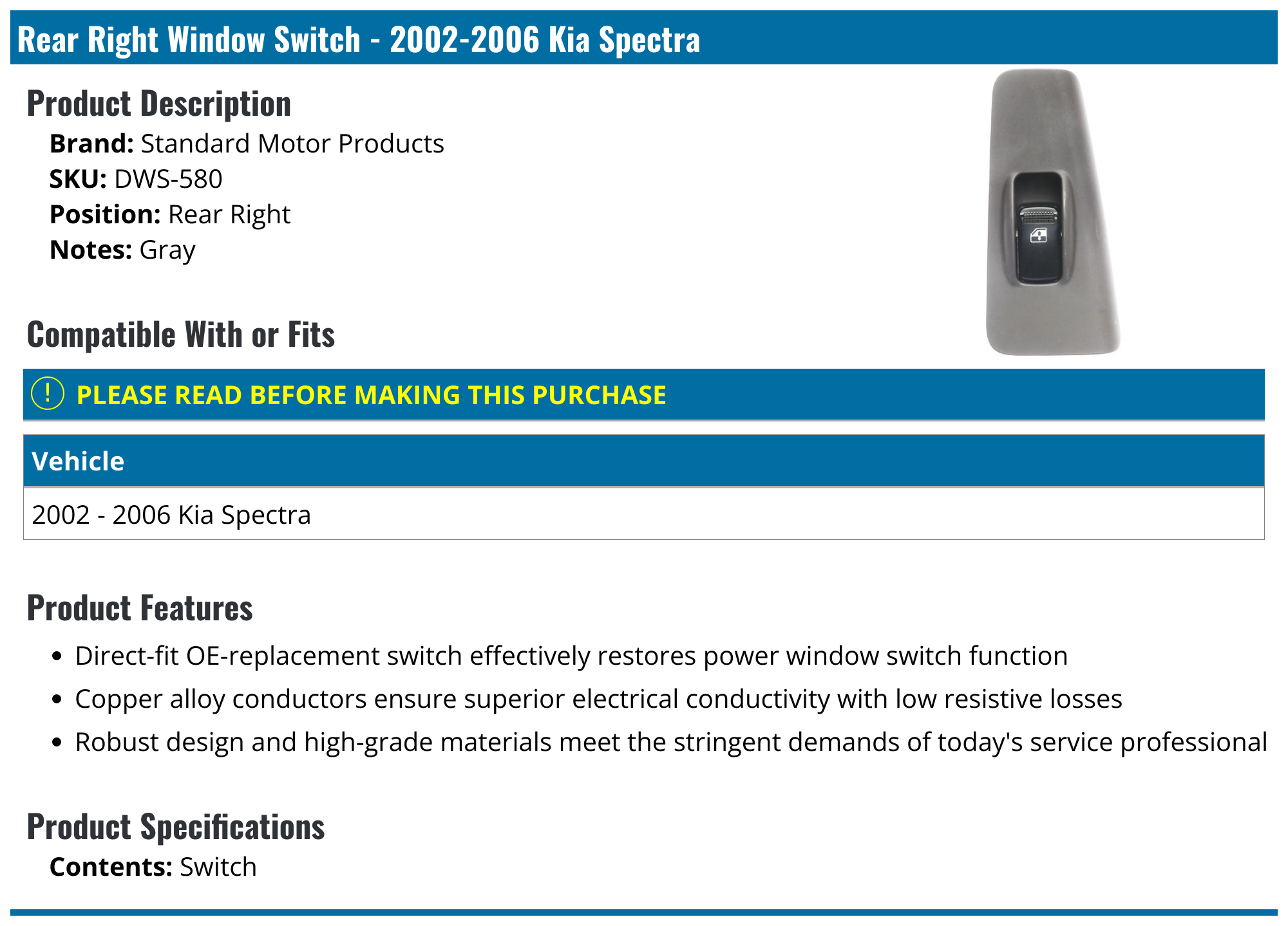 2002-2006 Kia Spectra Window Switch - Standard Motor Products DWS-580 ...