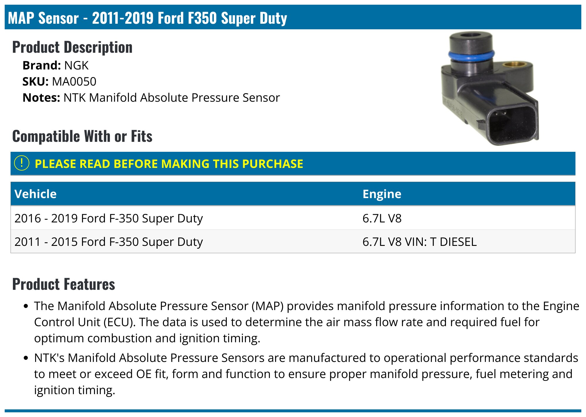 2011-2019 Ford F350 Super Duty MAP Sensor - NGK MA0050 - PartsGeek.com