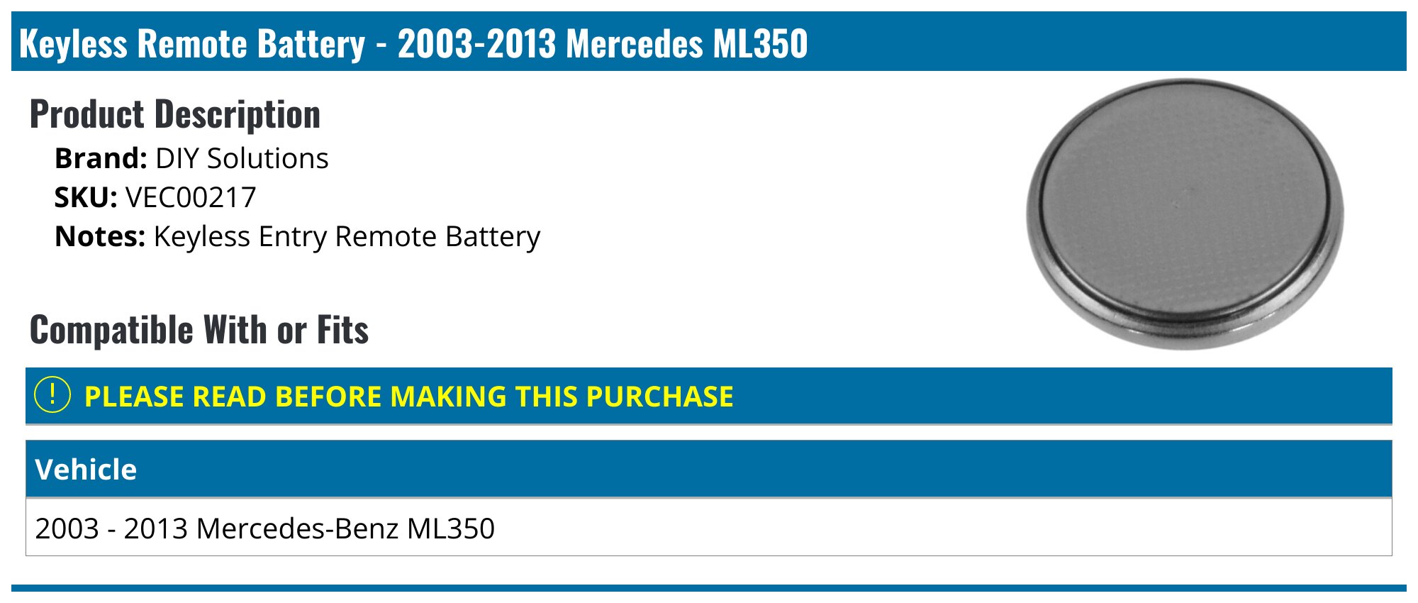 2003-2013 Mercedes ML350 Keyless Remote Battery - DIY Solutions ...