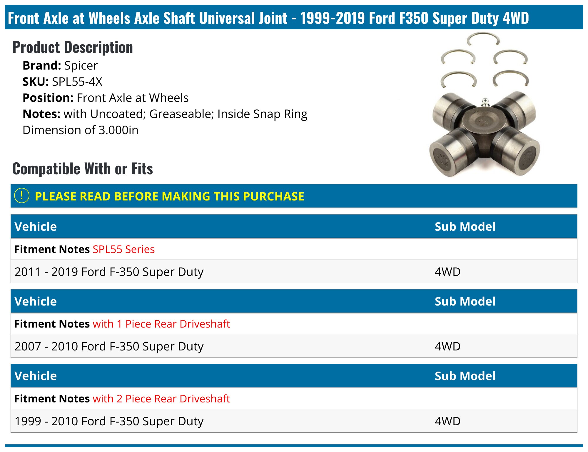 1999-2019 Ford F350 Super Duty Universal Joint - Spicer SPL55-4X ...