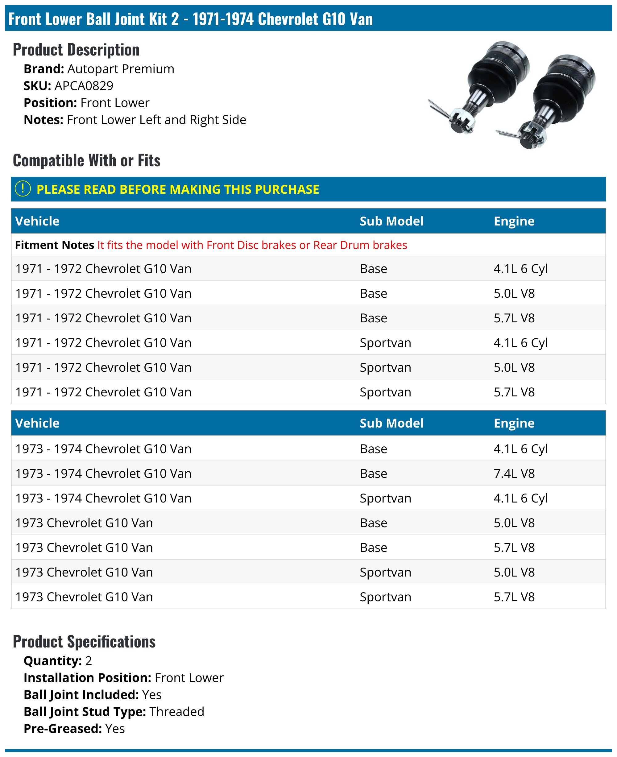 1971-1974 Chevrolet G10 Van Ball Joint - Autopart Premium APCA0829 ...