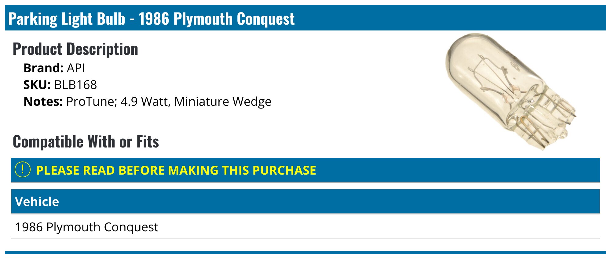 1986 Plymouth Conquest Parking Light Bulb - API 2378-07782127 ...