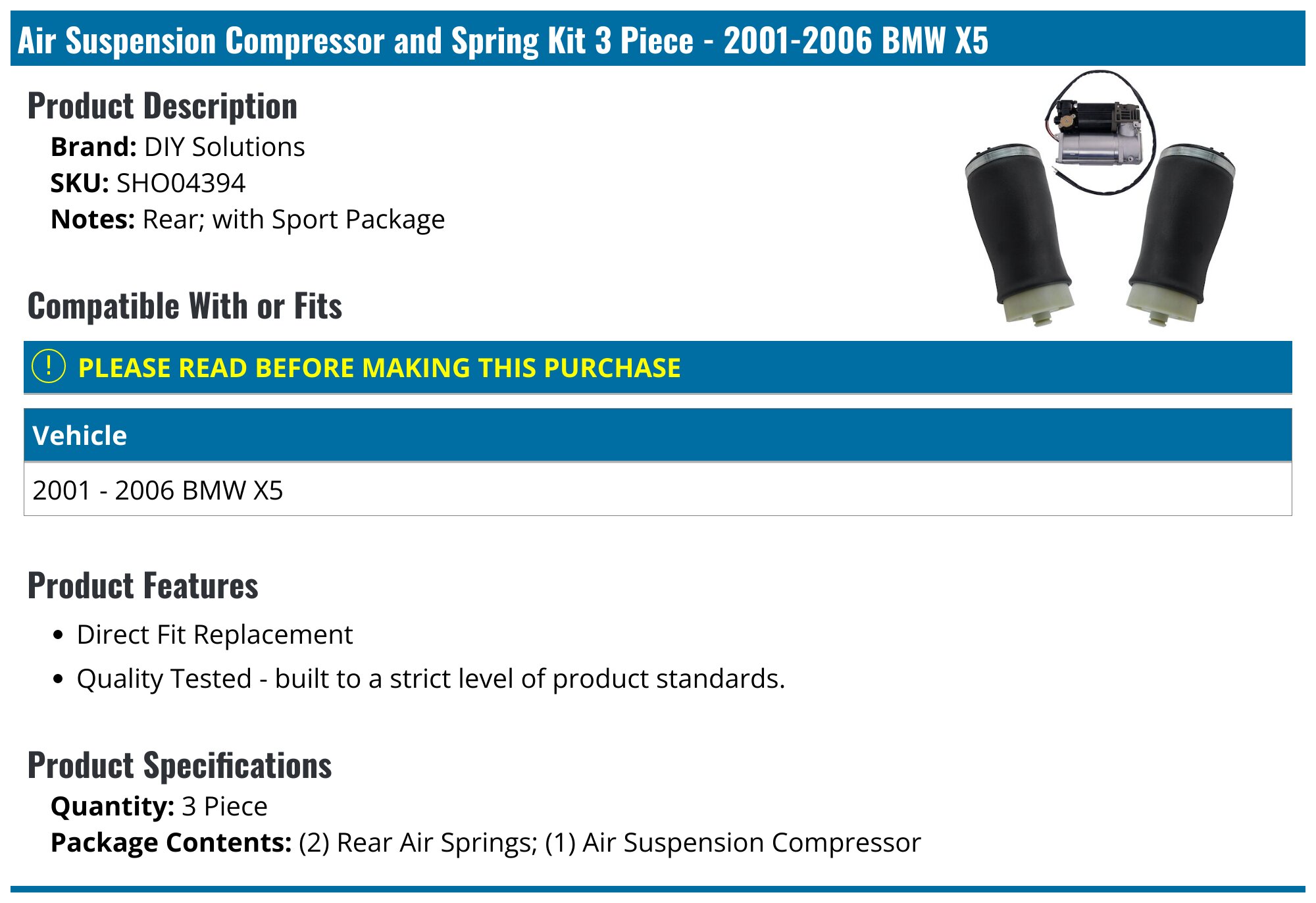 2001-2006 BMW X5 Air Spring - DIY Solutions SHO04394 - PartsGeek.com