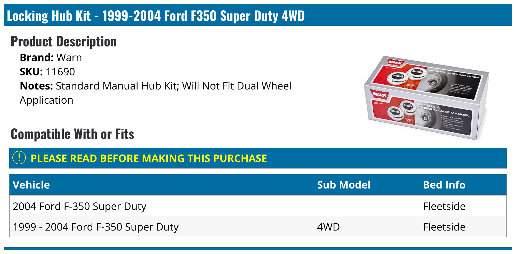 1999-2004 Ford F350 Super Duty Locking Hub - Warn 11690 - PartsGeek.com