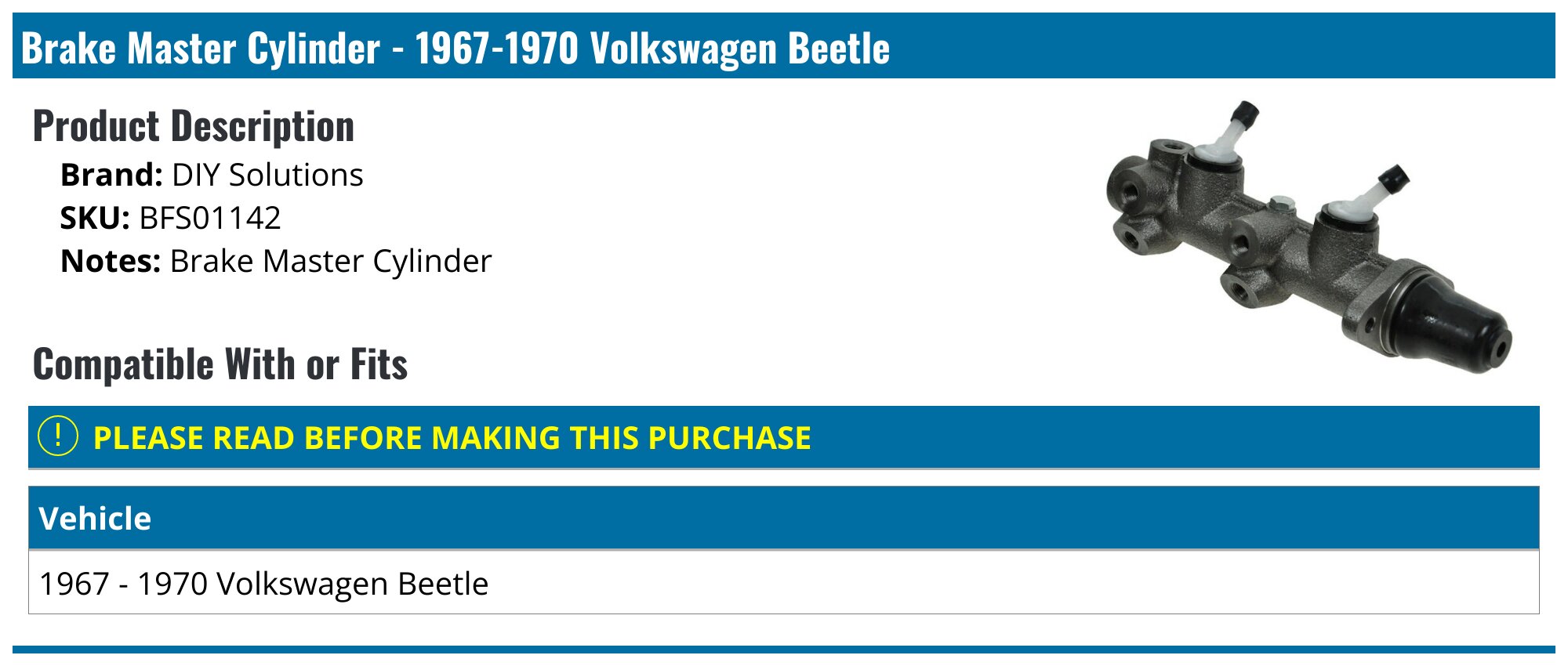 1967-1970 Volkswagen Beetle Brake Master Cylinder - DIY Solutions ...