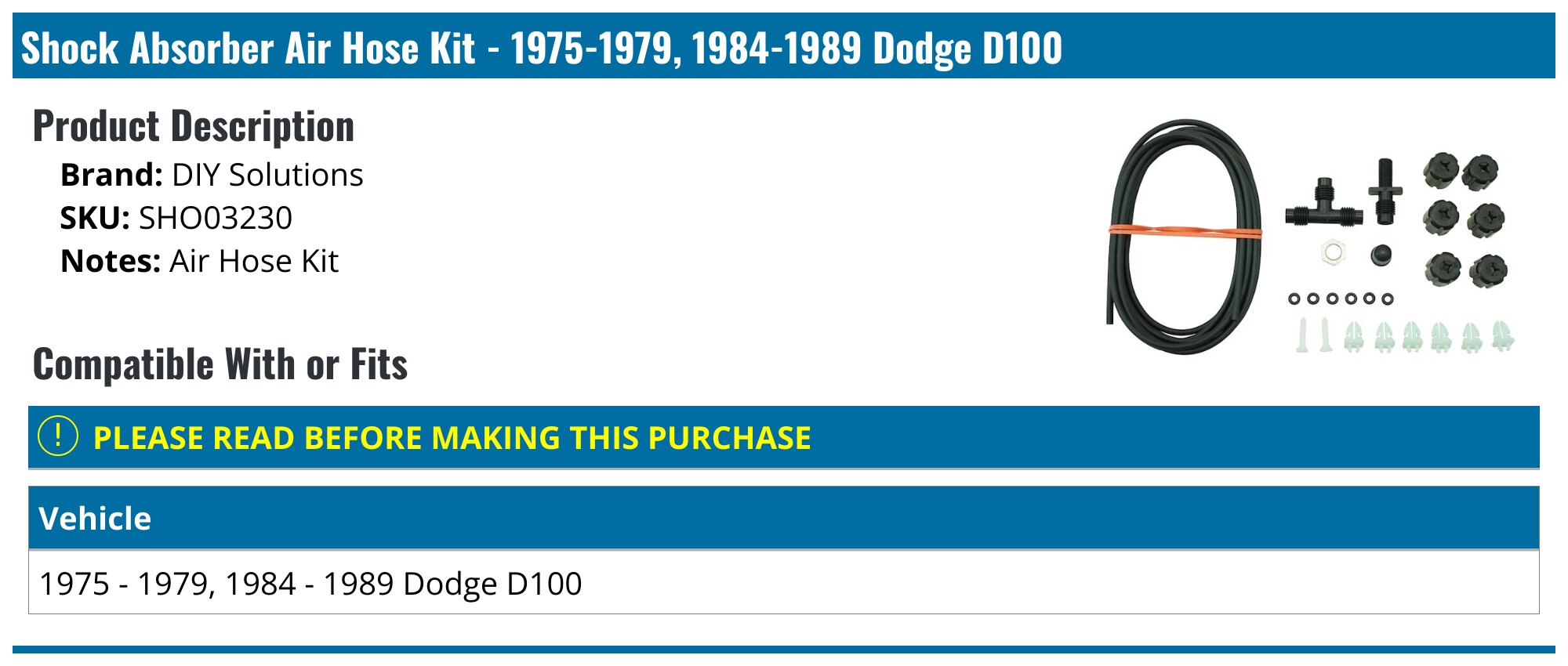 1975-1979, 1984-1989 Dodge D100 Shock Absorber Air Hose Kit - DIY ...