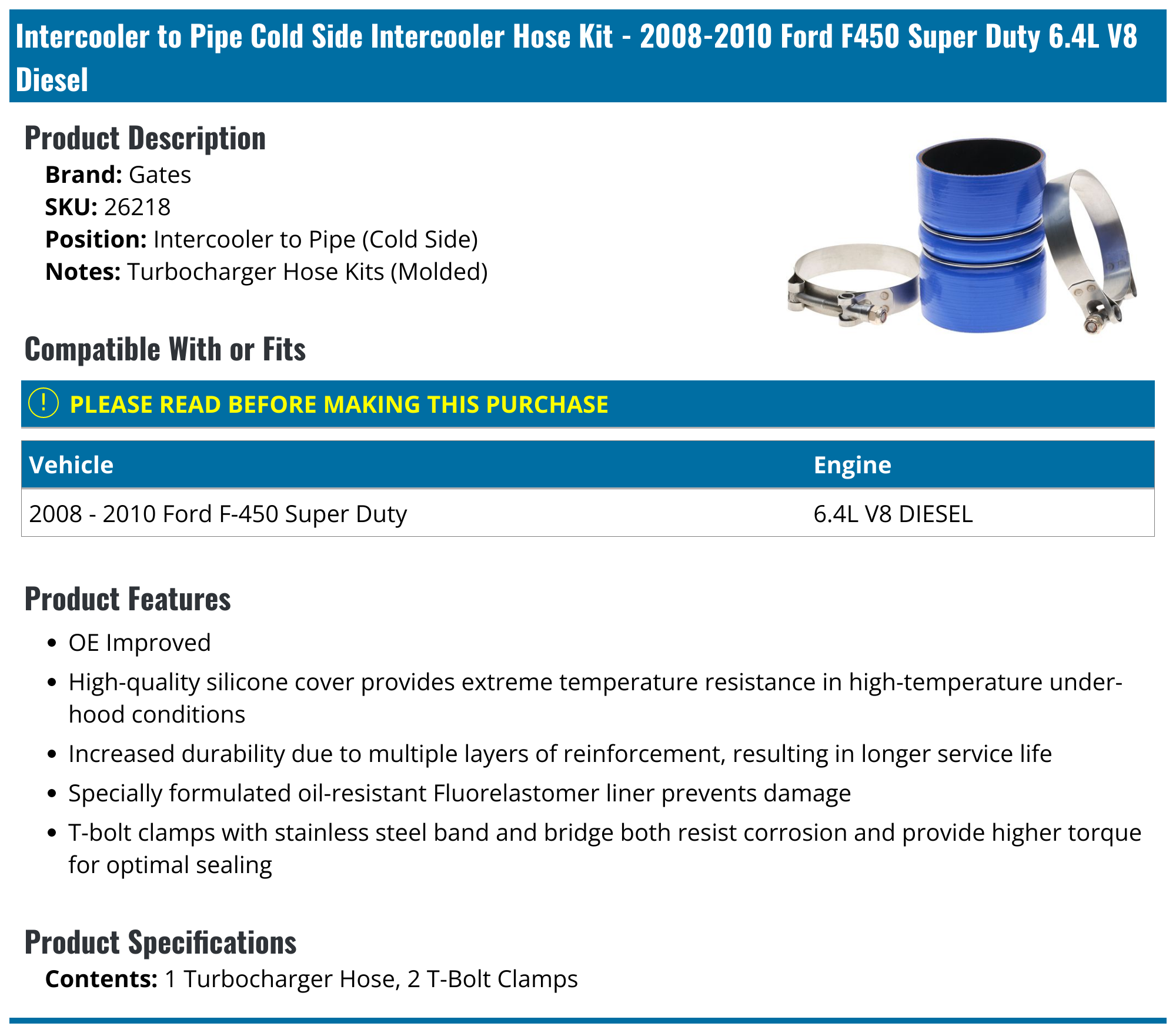 2008-2010 Ford F450 Super Duty Intercooler Hose - Gates 26218 ...