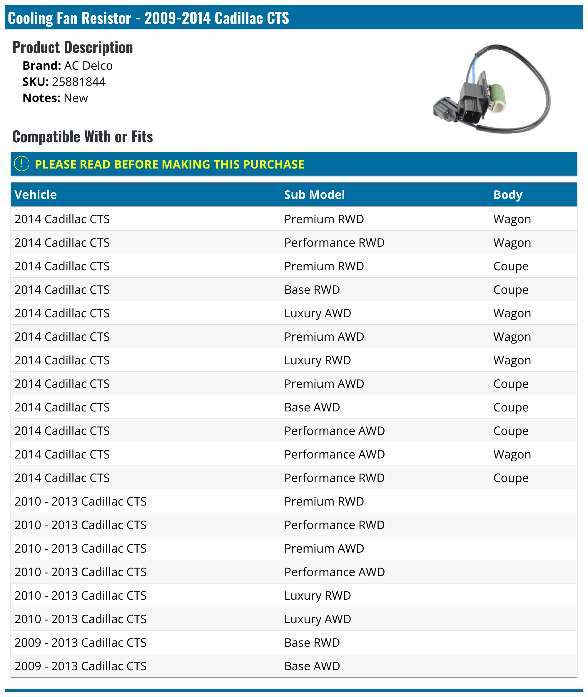 2009-2014 Cadillac CTS Cooling Fan Resistor - AC Delco 25881844 ...