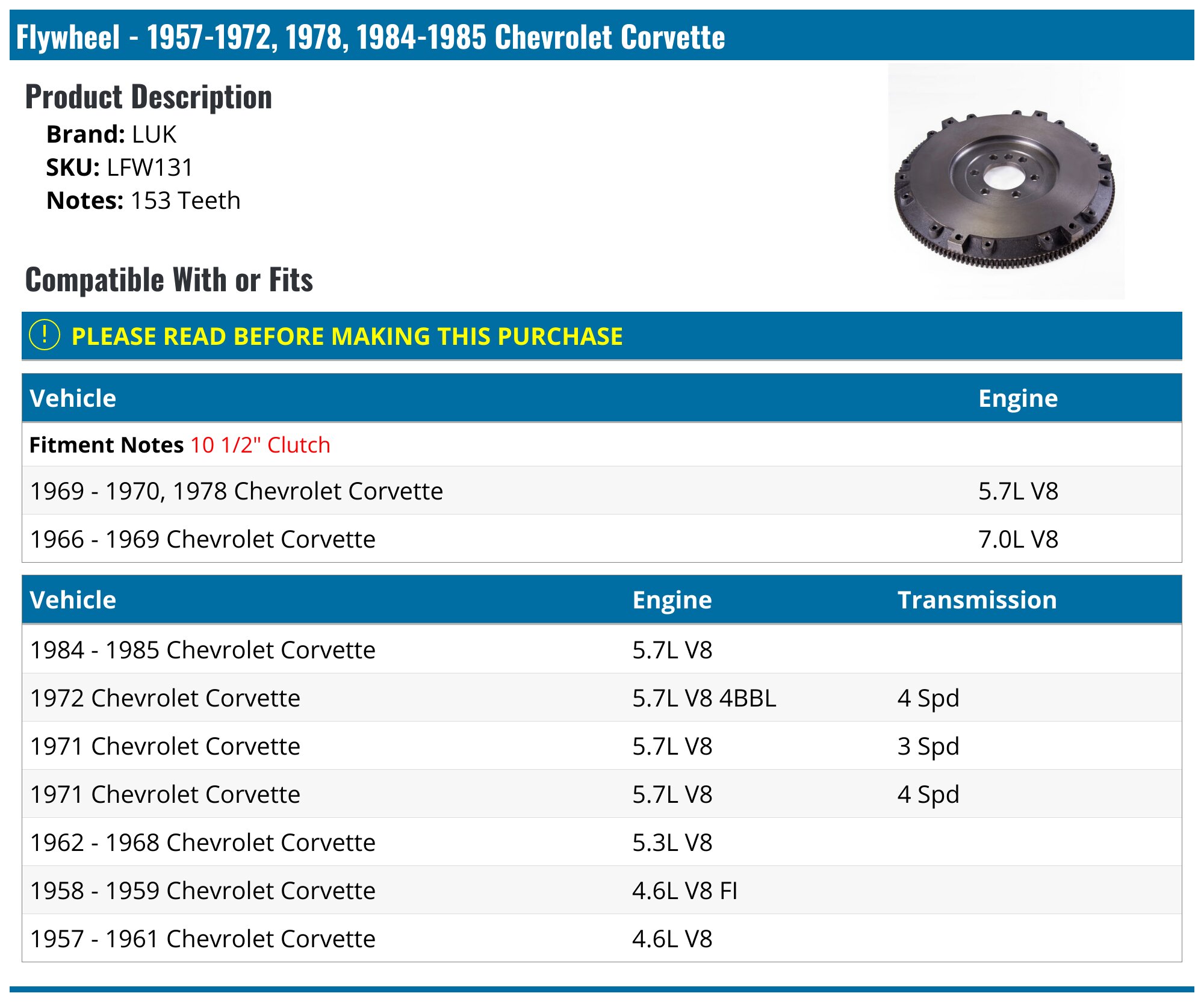 1957-1972, 1978, 1984-1985 Chevrolet Corvette Flywheel - LUK LFW131 ...