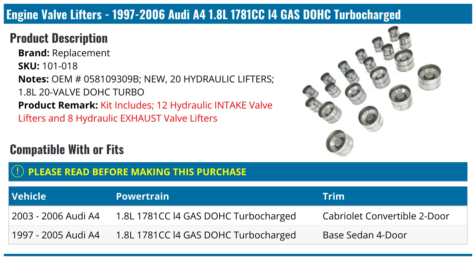 1997-2006 Audi A4 Valve Lifter - Replacement 101-018 - PartsGeek.com