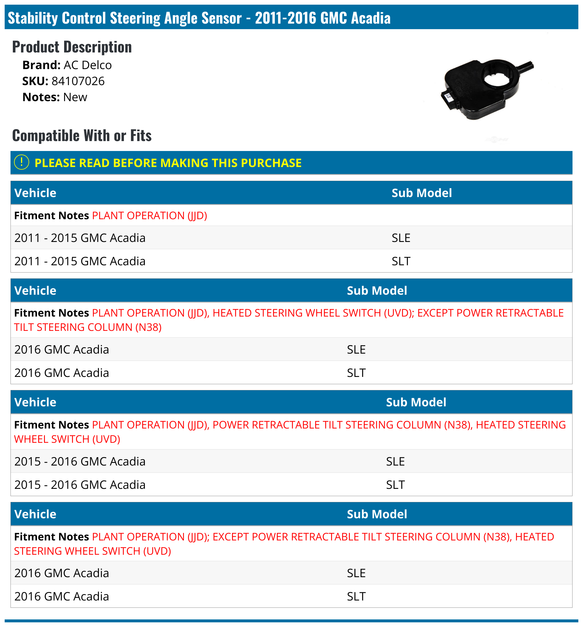 2011-2016 GMC Acadia Air Bag Clockspring - AC Delco 84107026 ...