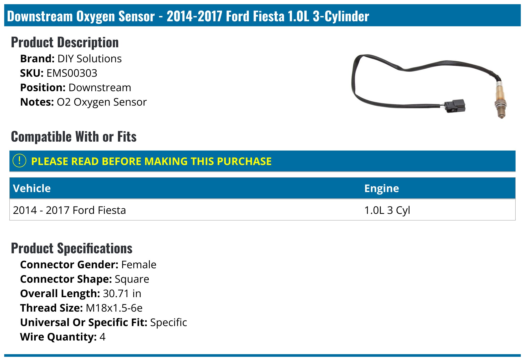 2014-2017 Ford Fiesta Oxygen Sensor - DIY Solutions EMS00303 ...