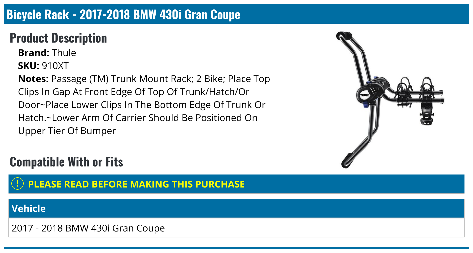 2017-2018 BMW 430i Gran Coupe Bicycle Rack - Thule 910XT - PartsGeek.com