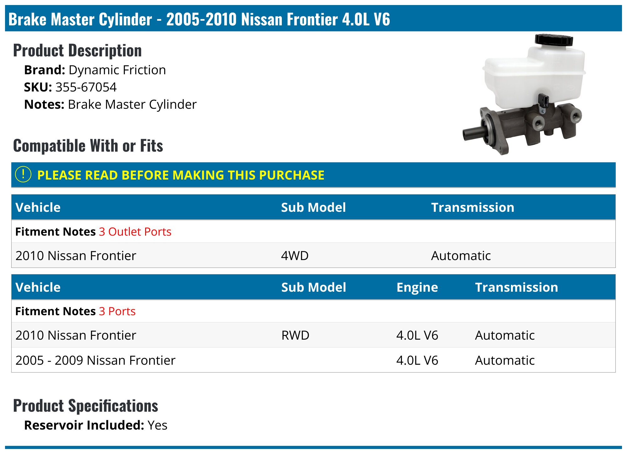 2005-2010 Nissan Frontier Brake Master Cylinder - Dynamic Friction 355 ...