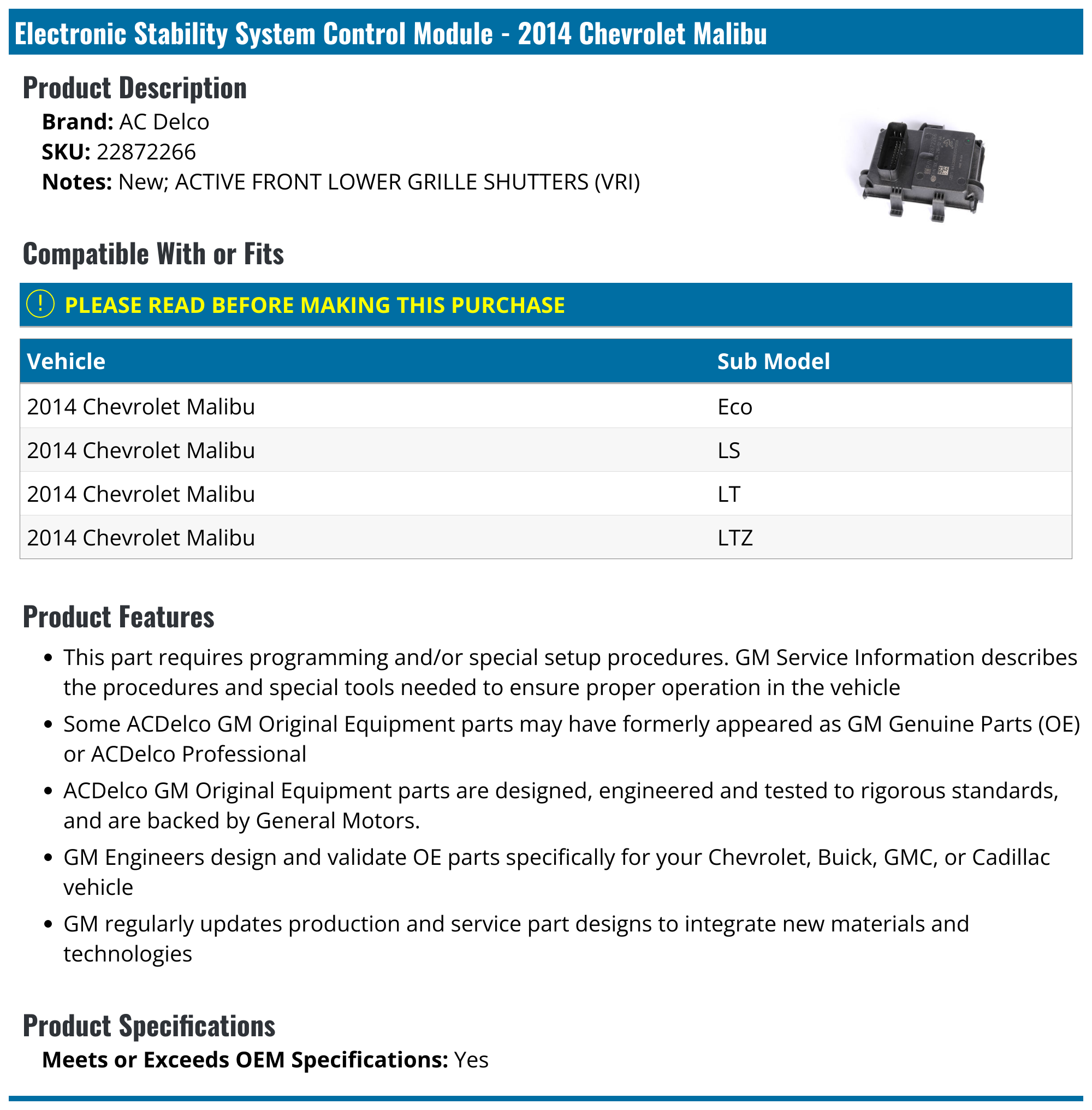 2014 Chevrolet Malibu Electronic Stability System Control Module - AC ...