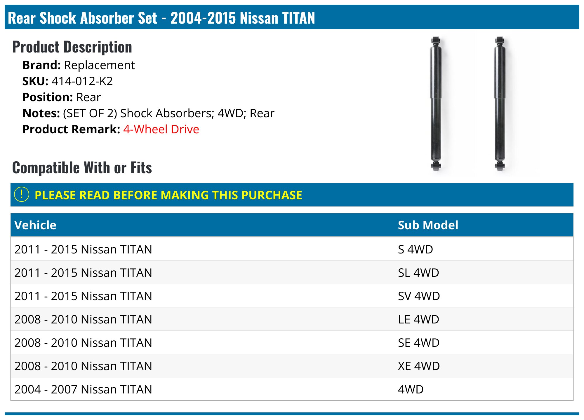 2004-2015 Nissan Titan Shock Absorber - Replacement 414-012-K2 - Rear ...