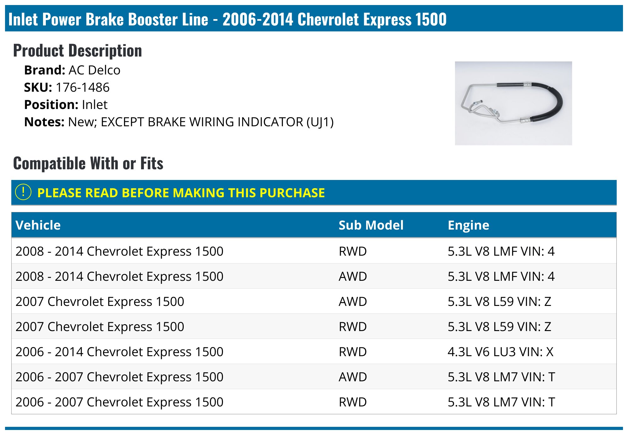 2006-2014 Chevrolet Express 1500 Power Brake Booster Line - AC Delco ...