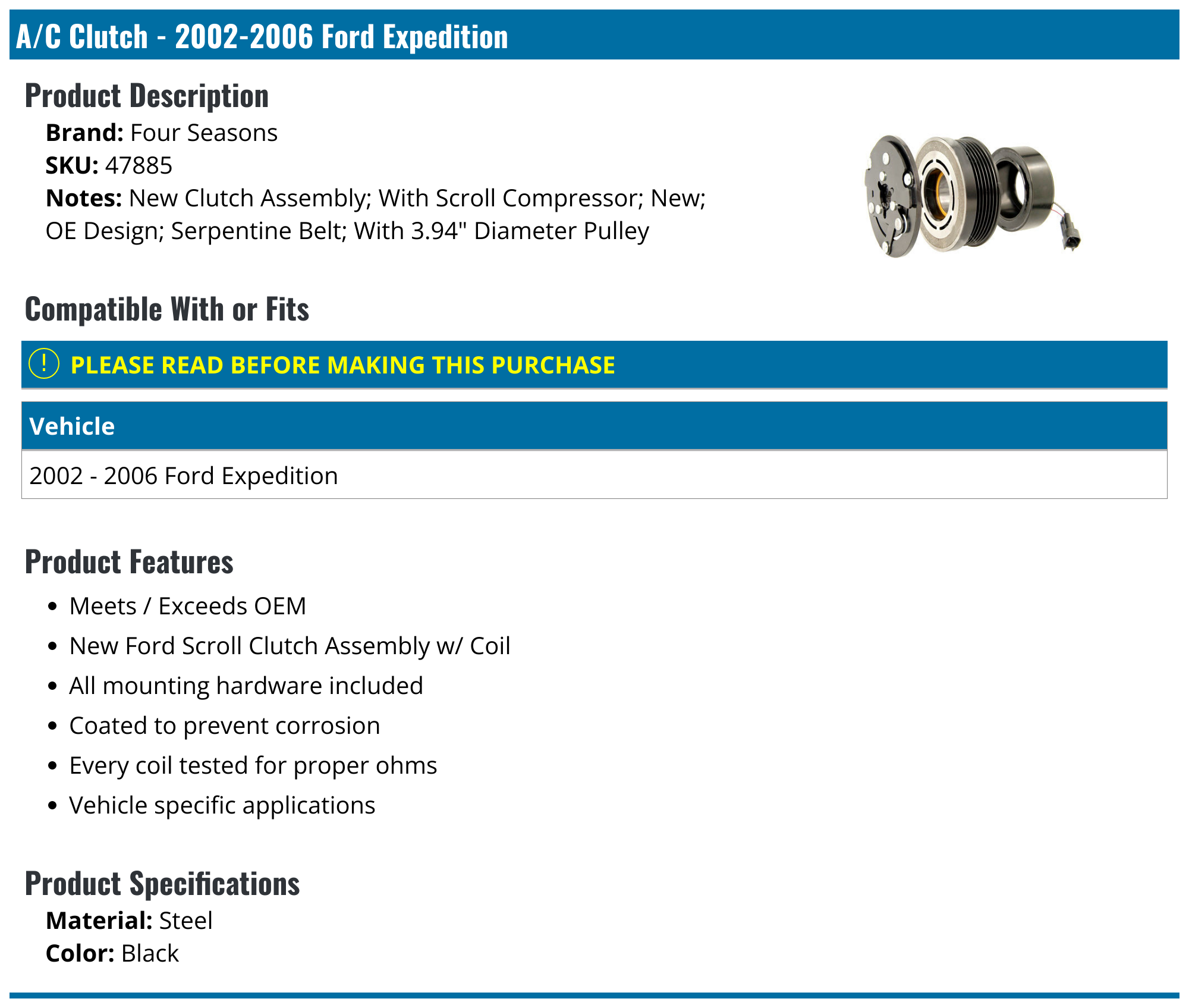 2002-2006 Ford Expedition A/C Clutch - Four Seasons 47885 - PartsGeek.com