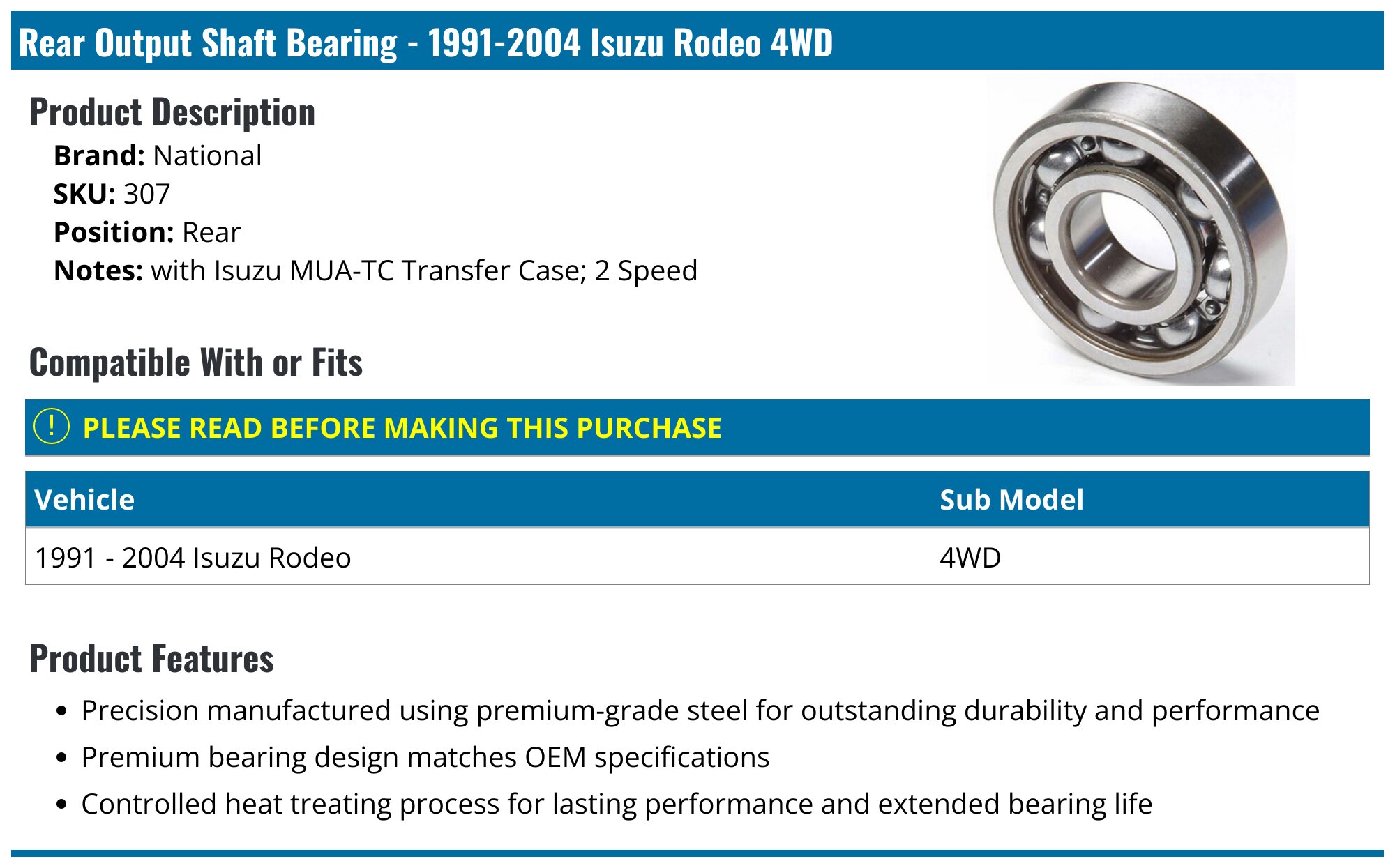 1991-2004 Isuzu Rodeo Output Shaft Bearing - National 307 - Rear ...