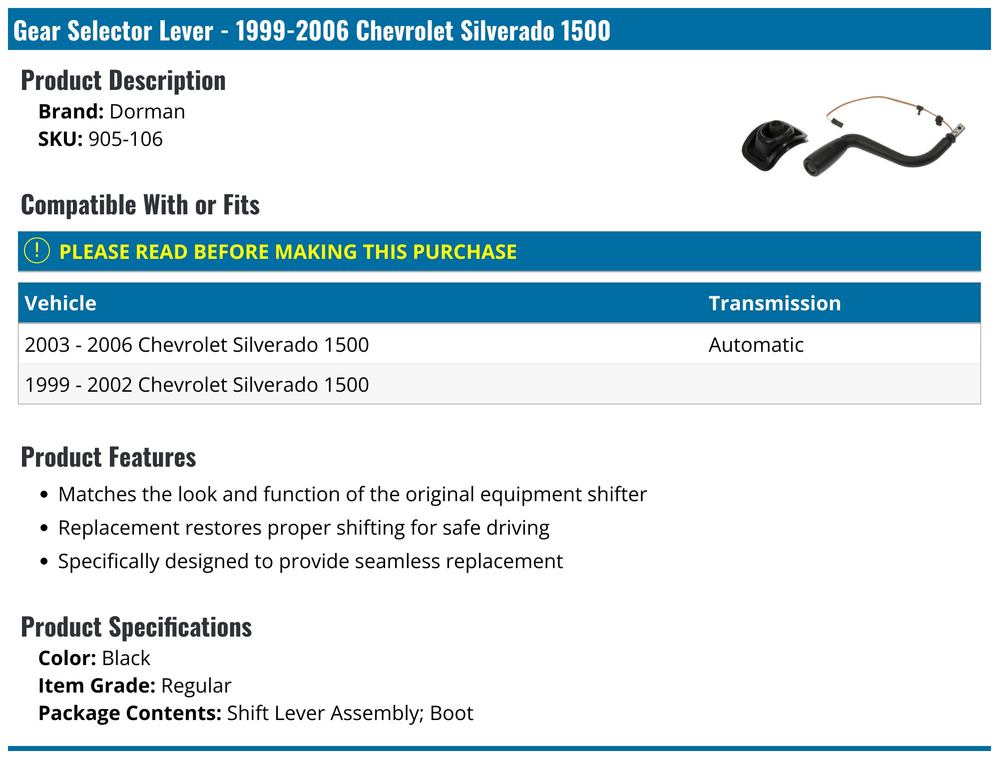 1999-2006 Chevrolet Silverado 1500 Gear Selector Lever - Dorman 905-106 ...