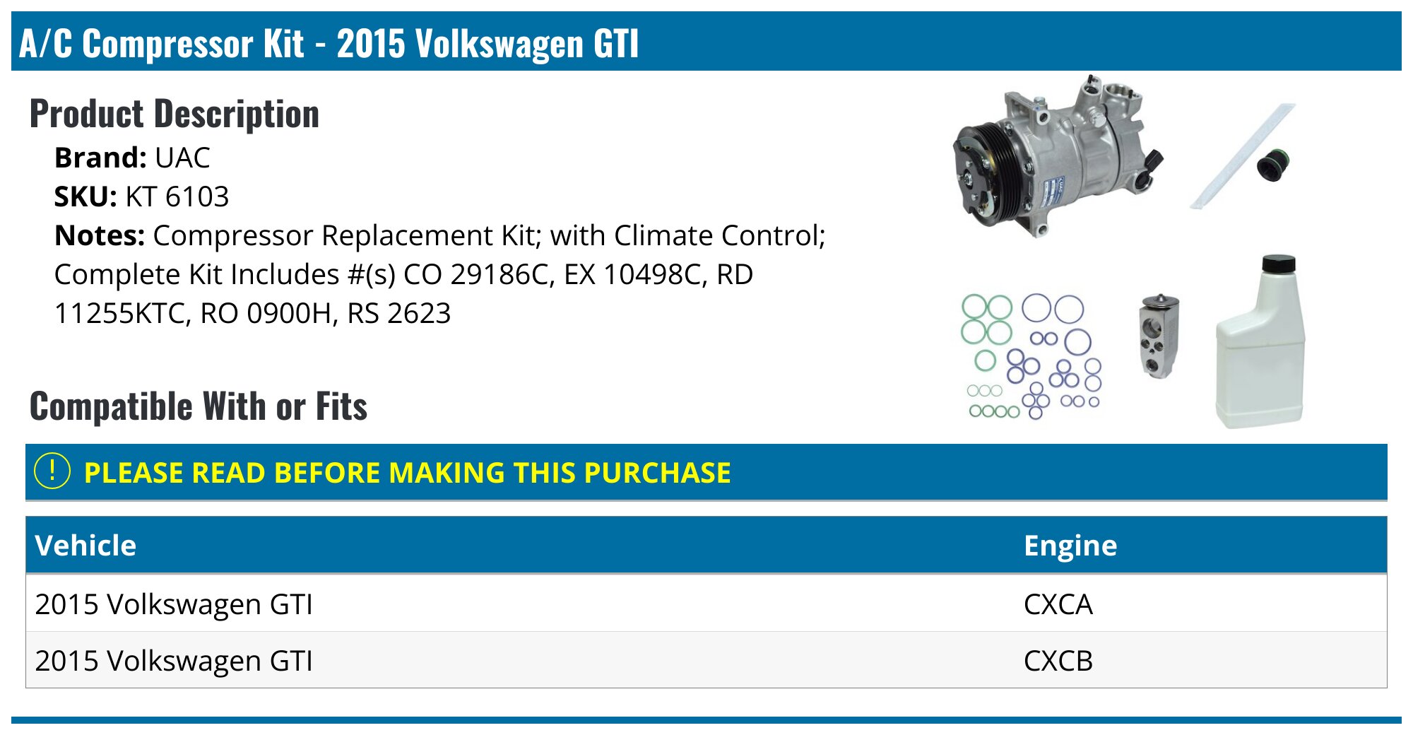 2015 Volkswagen GTI A/C Compressor - UAC KT 6103 - PartsGeek.com