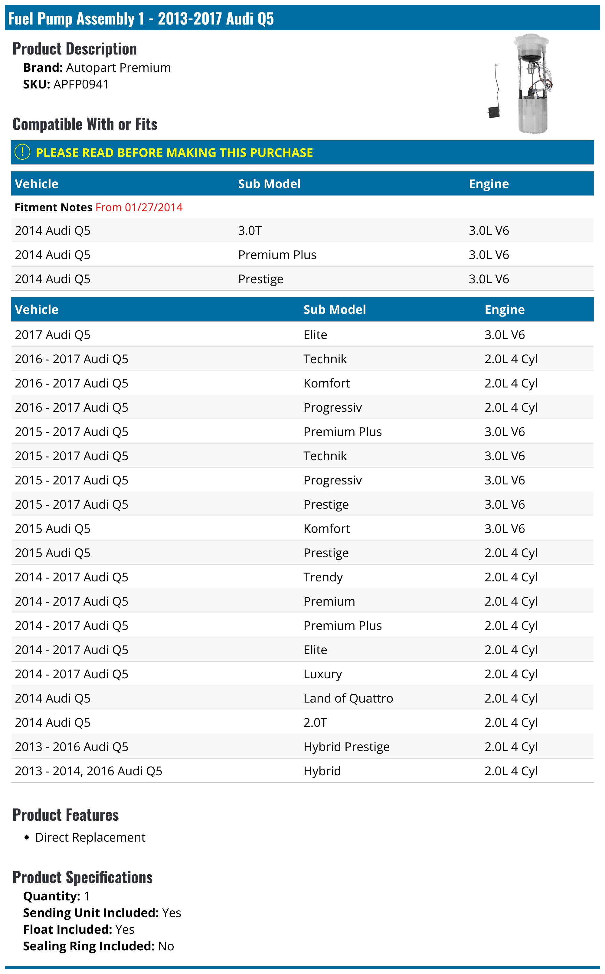 2013-2017 Audi Q5 Fuel Pump - Autopart Premium APFP0941 - PartsGeek.com