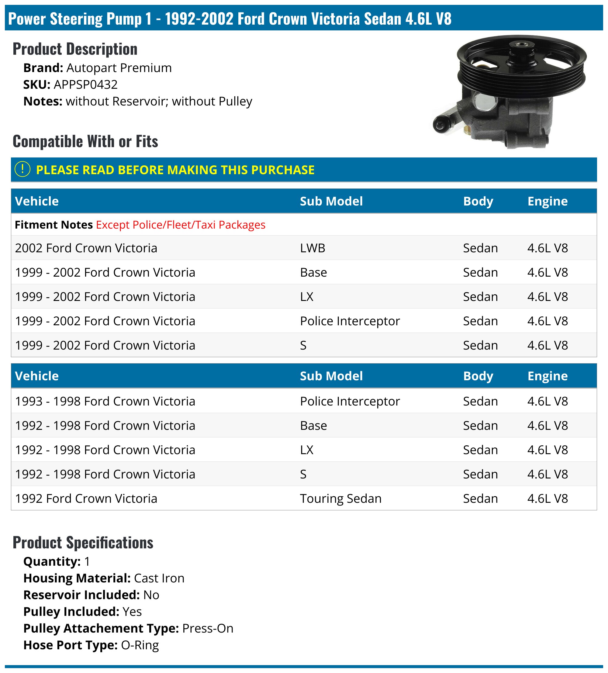 1992-2002 Ford Crown Victoria Power Steering Pump - Autopart Premium ...