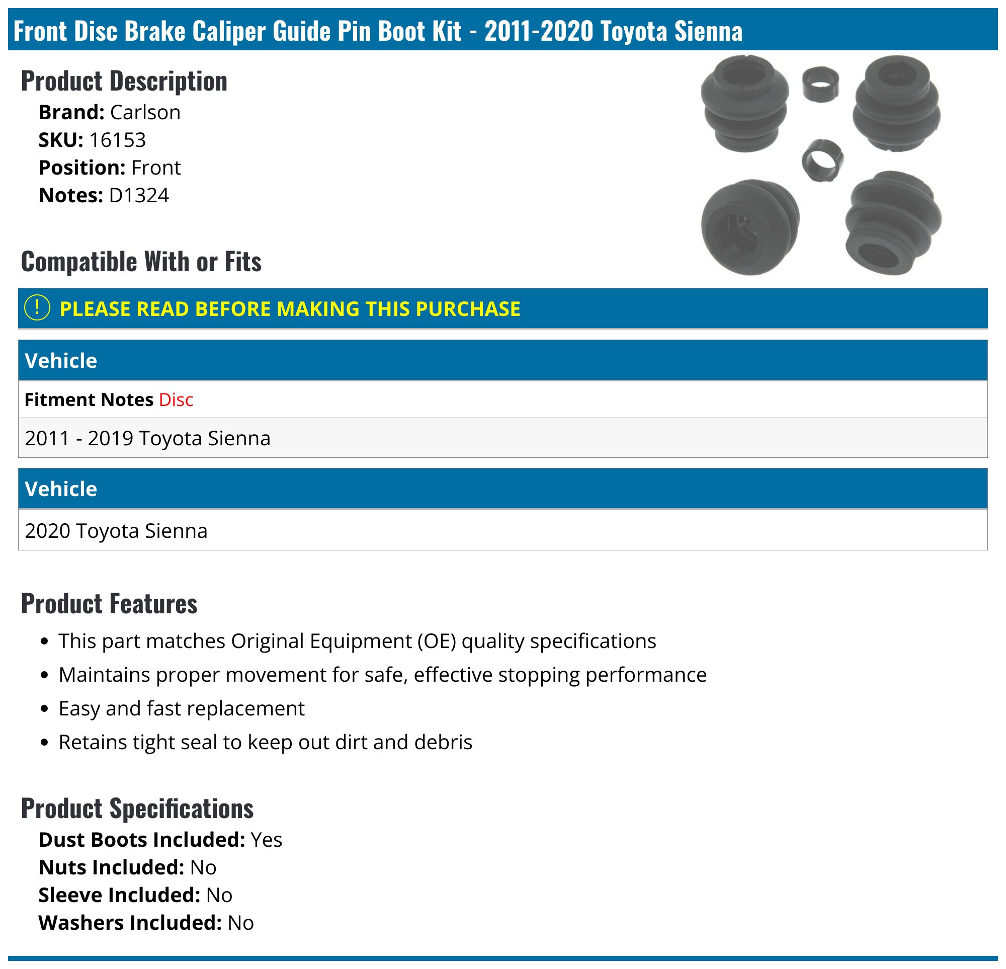 2011-2020 Toyota Sienna Disc Brake Caliper Guide Pin Boot Kit - Carlson ...