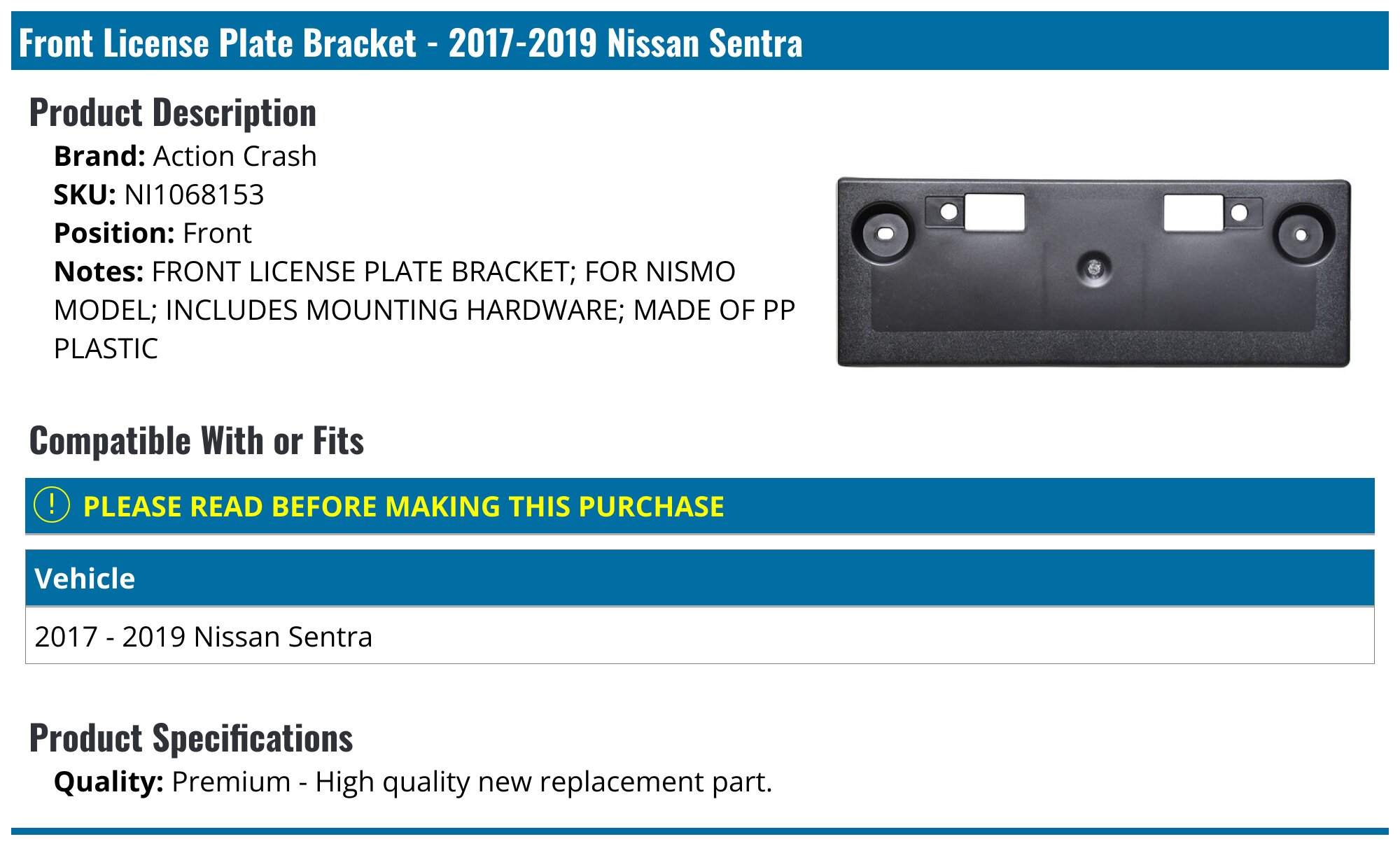 2017-2019 Nissan Sentra License Plate Bracket - Action Crash NI1068153 ...