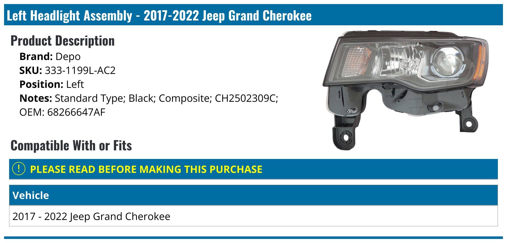 2017-2022 Jeep Grand Cherokee Headlight Assembly - Depo 333-1199L-AC2 ...