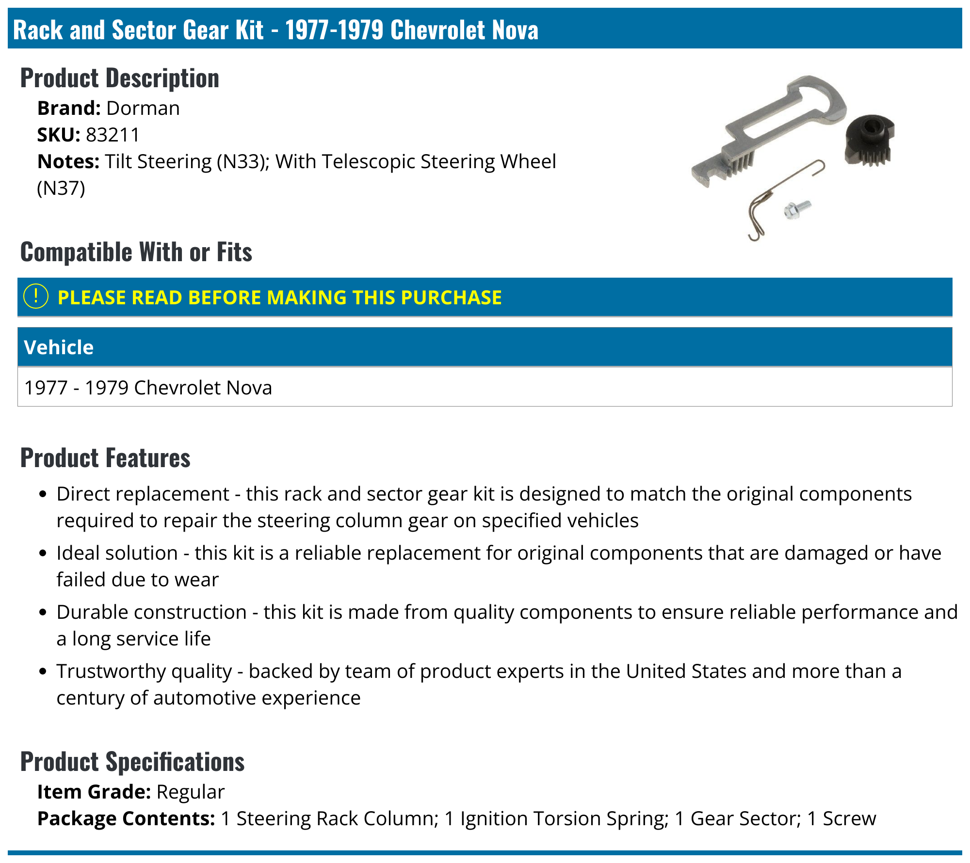1977-1979 Chevrolet Nova Rack and Sector Gear Kit - Dorman 83211 ...