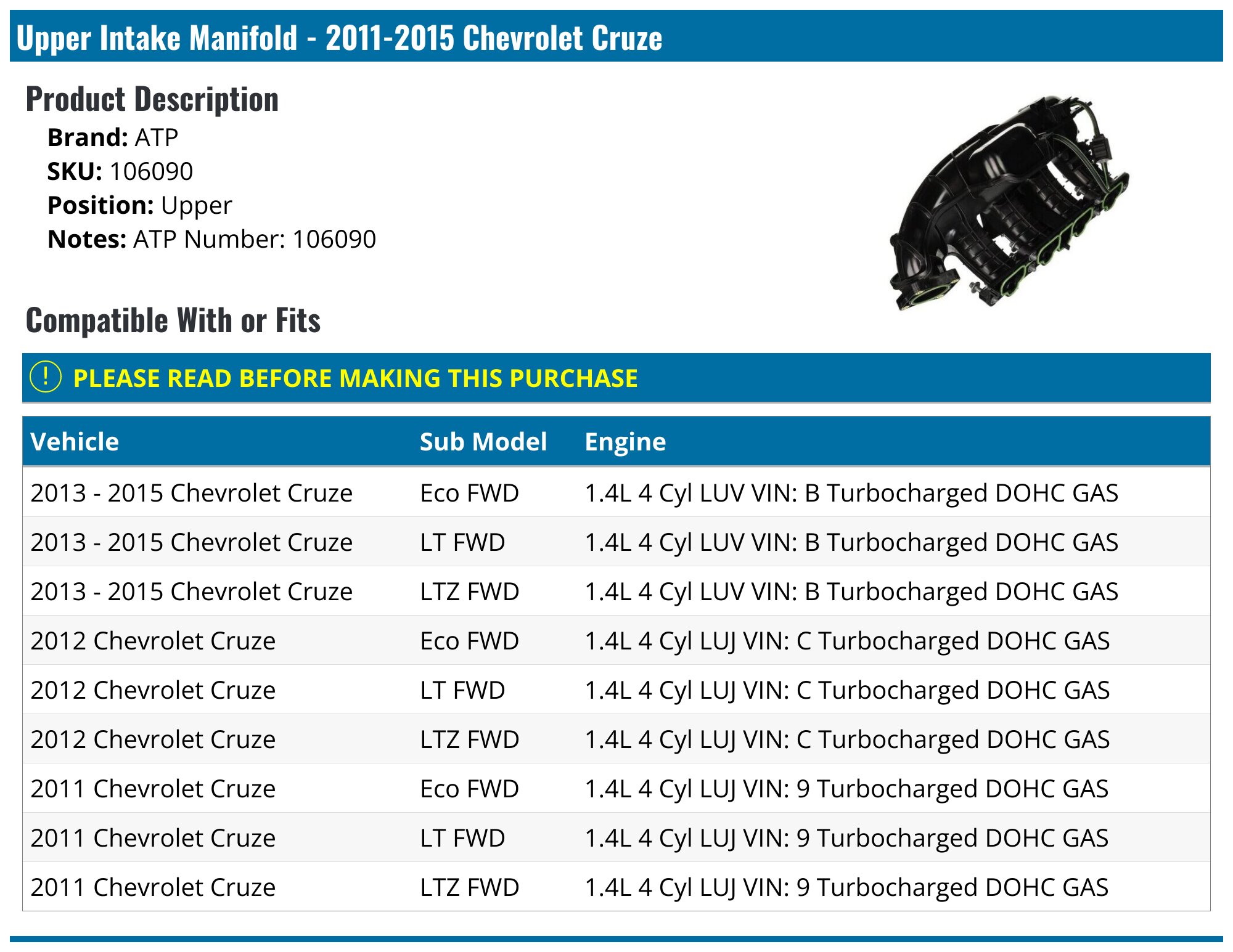 2011-2015 Chevrolet Cruze Intake Manifold - ATP 106090 - Upper ...