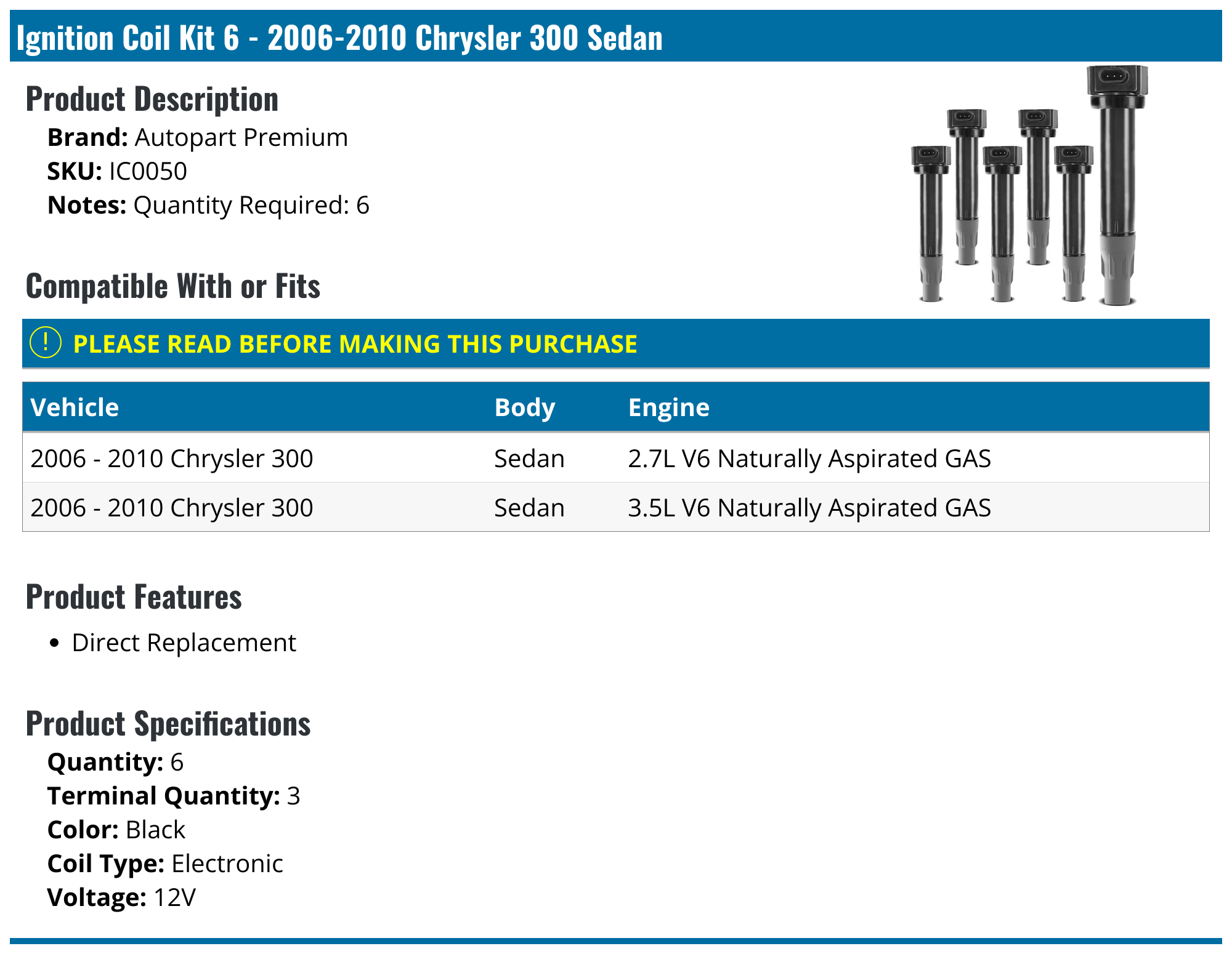 2006-2010 Chrysler 300 Ignition Coil - Autopart Premium IC0050 ...