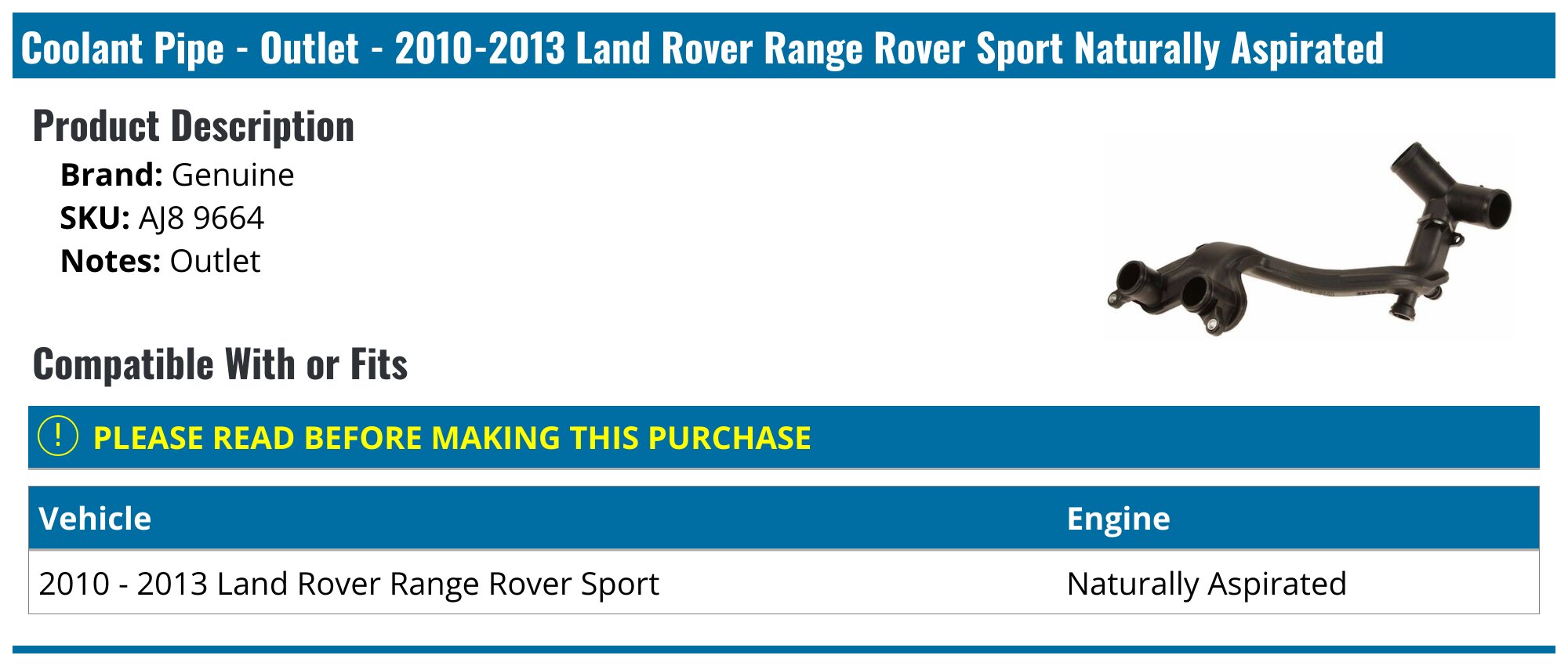 2010-2013 Land Rover Range Rover Sport Coolant Pipe - Genuine AJ8 9664 ...