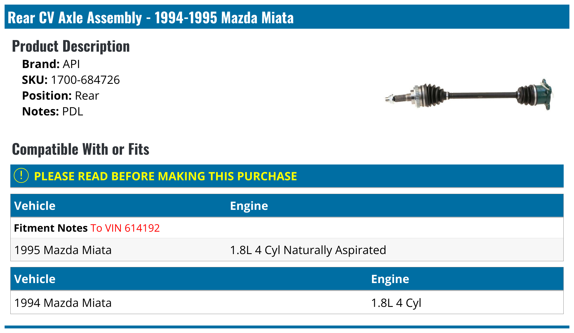 1994-1995 Mazda Miata Axle Assembly - API 8540-02133191 - Rear ...
