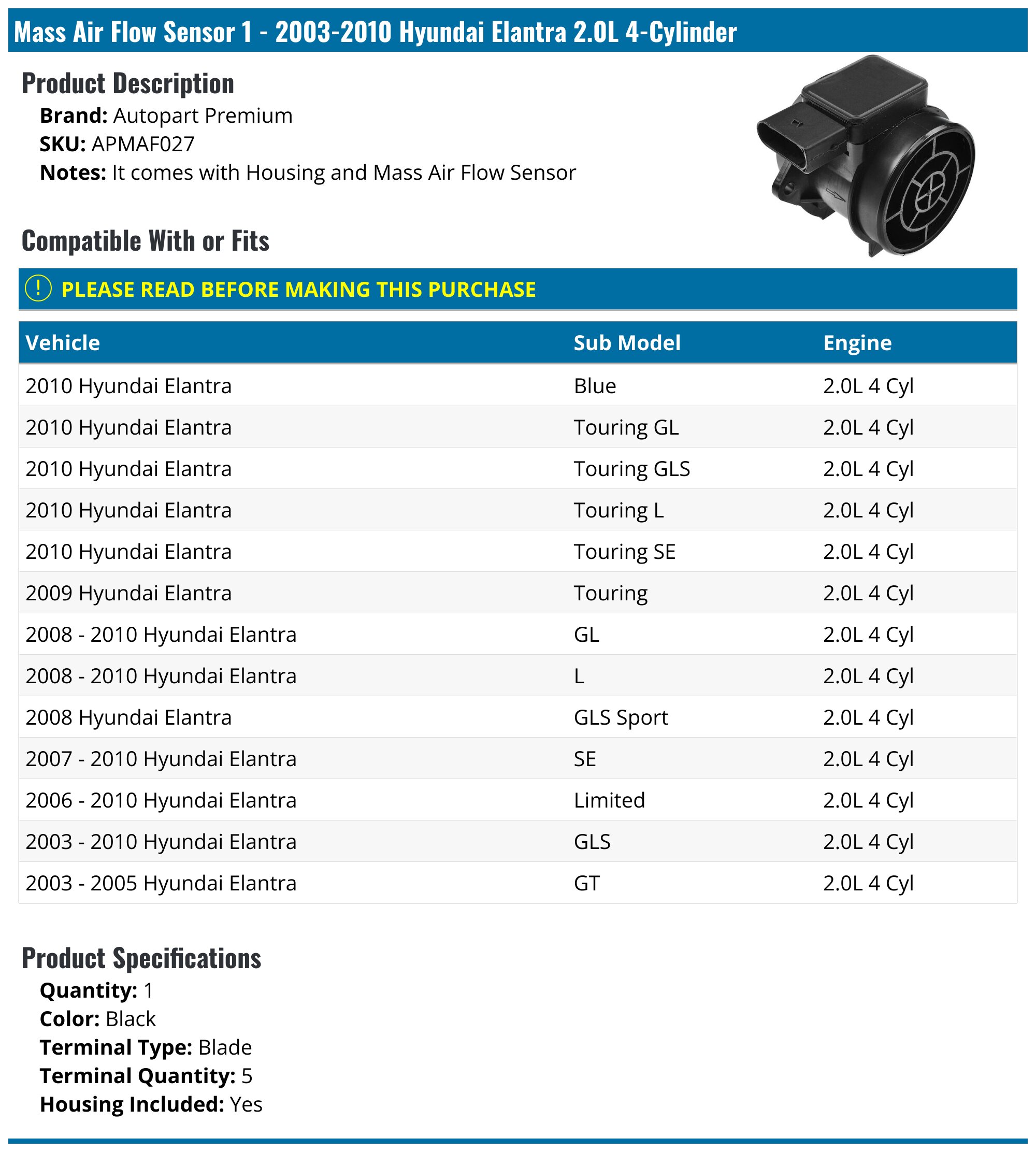 2003-2010 Hyundai Elantra Air Mass Sensor - Autopart Premium APMAF027 ...