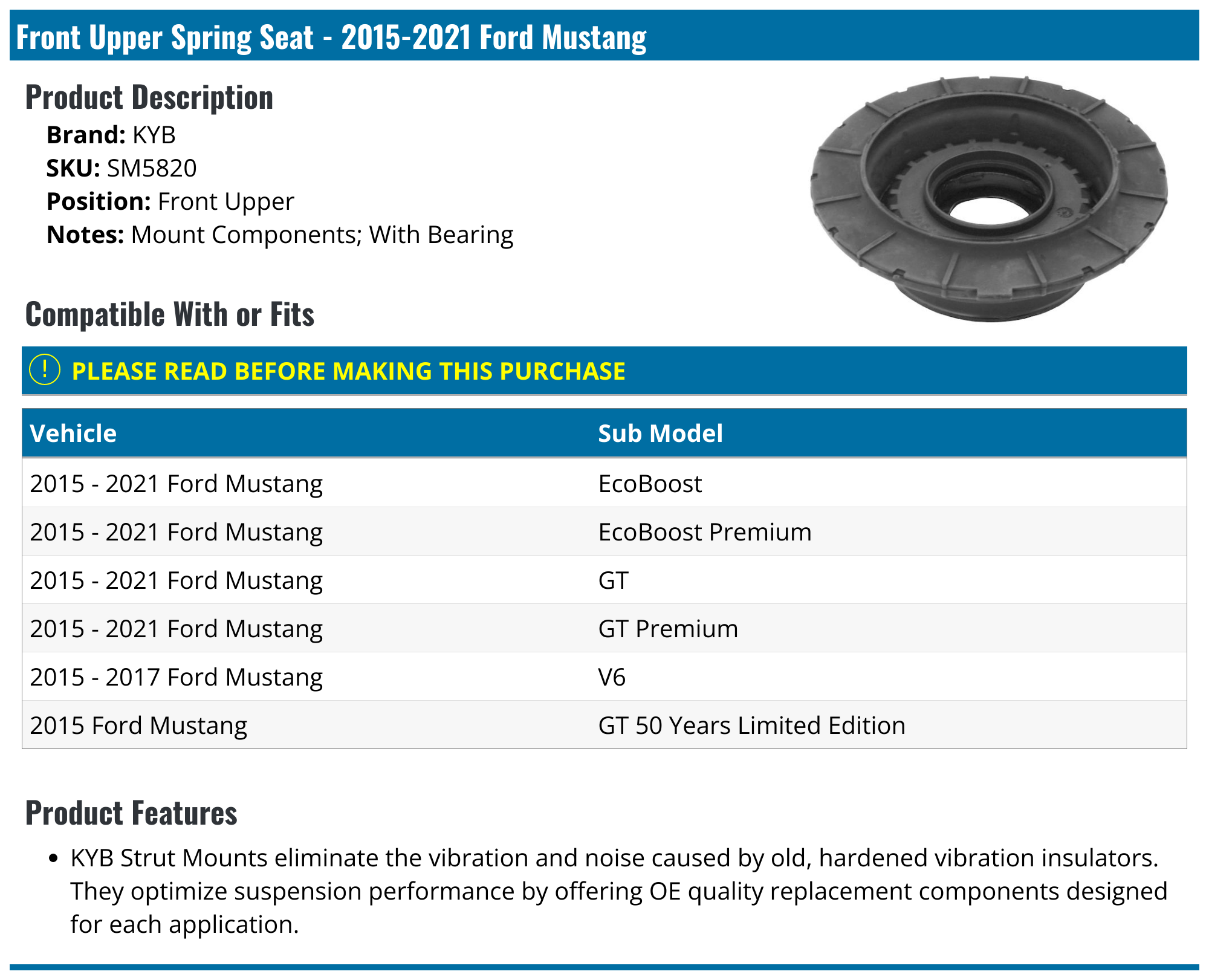 2015-2021 Ford Mustang Spring Seat - KYB SM5820 - Front Upper ...