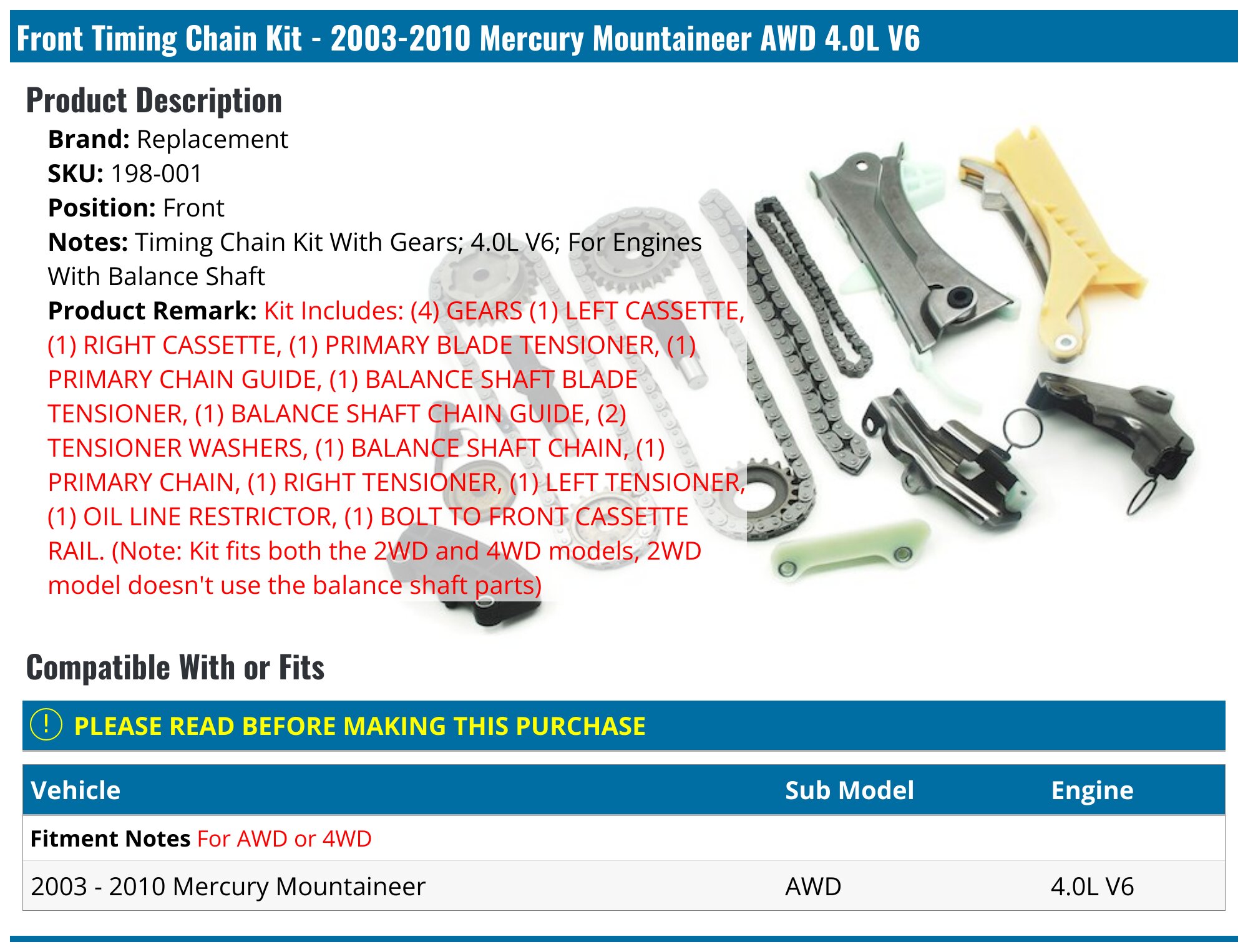 2003-2010 Mercury Mountaineer Timing Chain - Replacement 198-001 ...