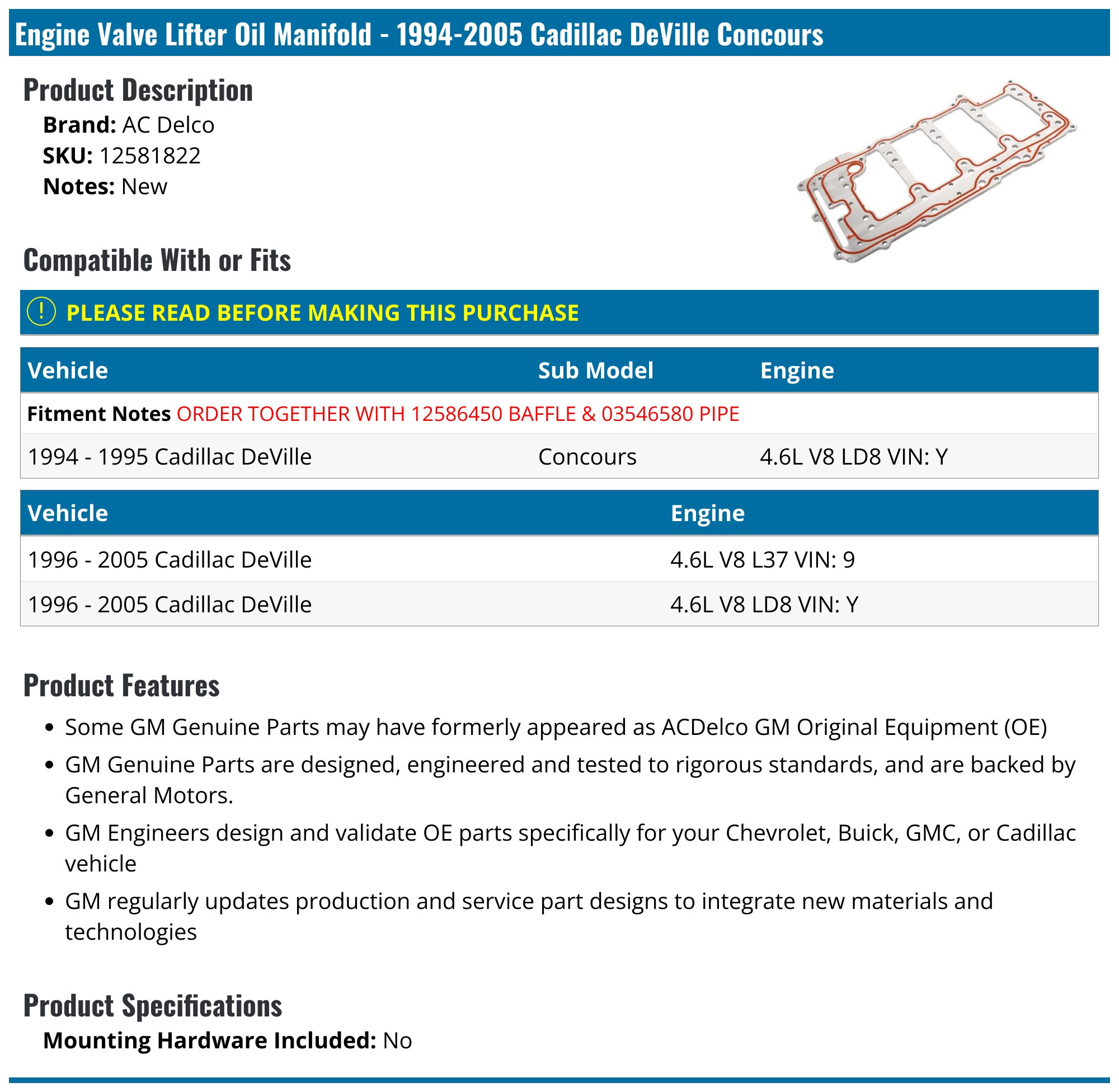 1994-2005 Cadillac DeVille Engine Valve Lifter Oil Manifold - AC Delco ...