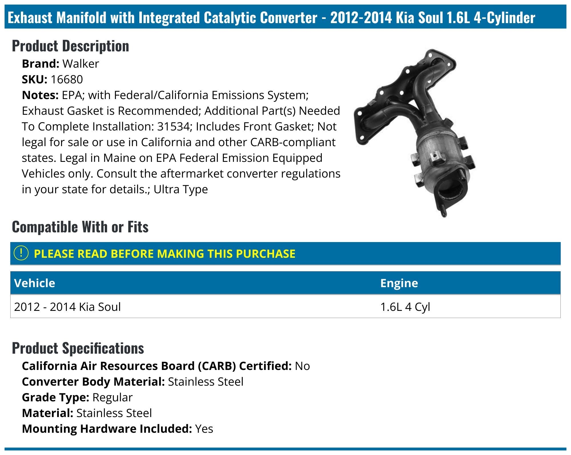 2012-2019 Kia Soul Catalytic Converter - Walker 16680 - PartsGeek.com