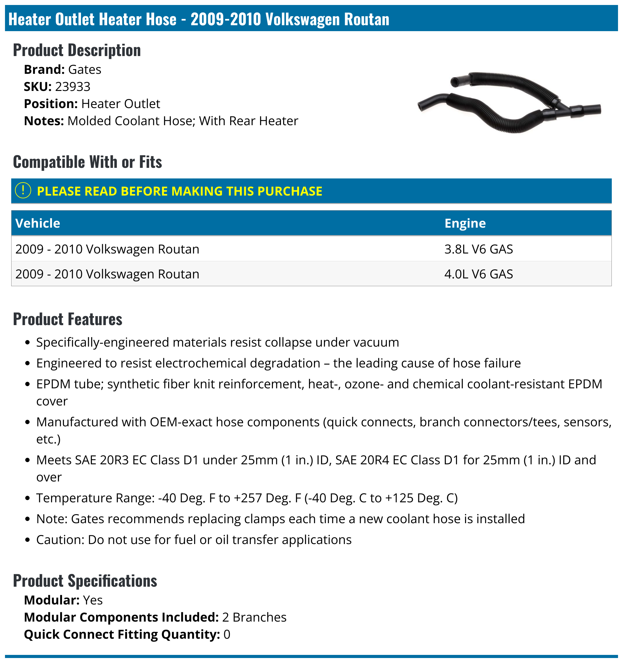 2009-2010 Volkswagen Routan Heater Hose - Gates 23933 - Heater Outlet ...