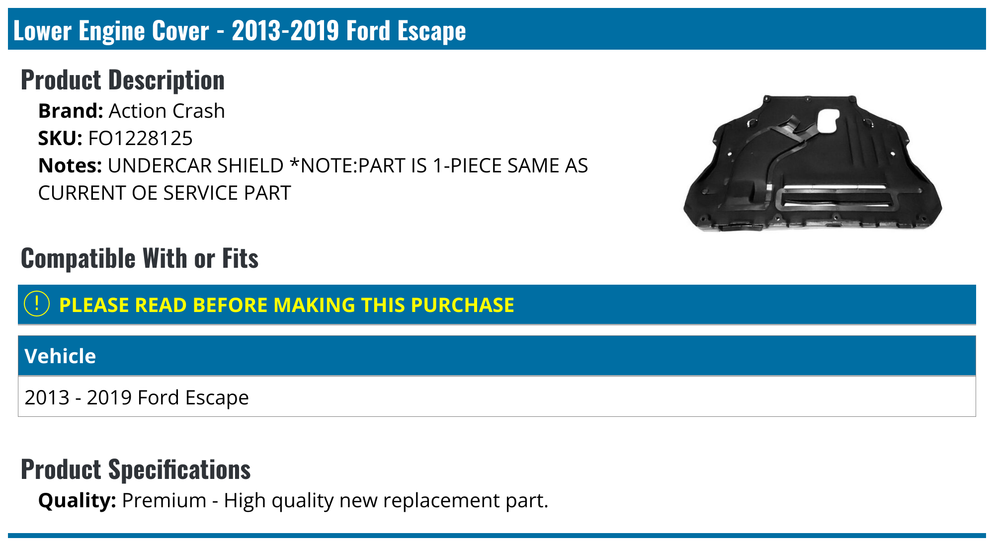 2013-2019 Ford Escape Lower Engine Cover - Action Crash FO1228125 ...