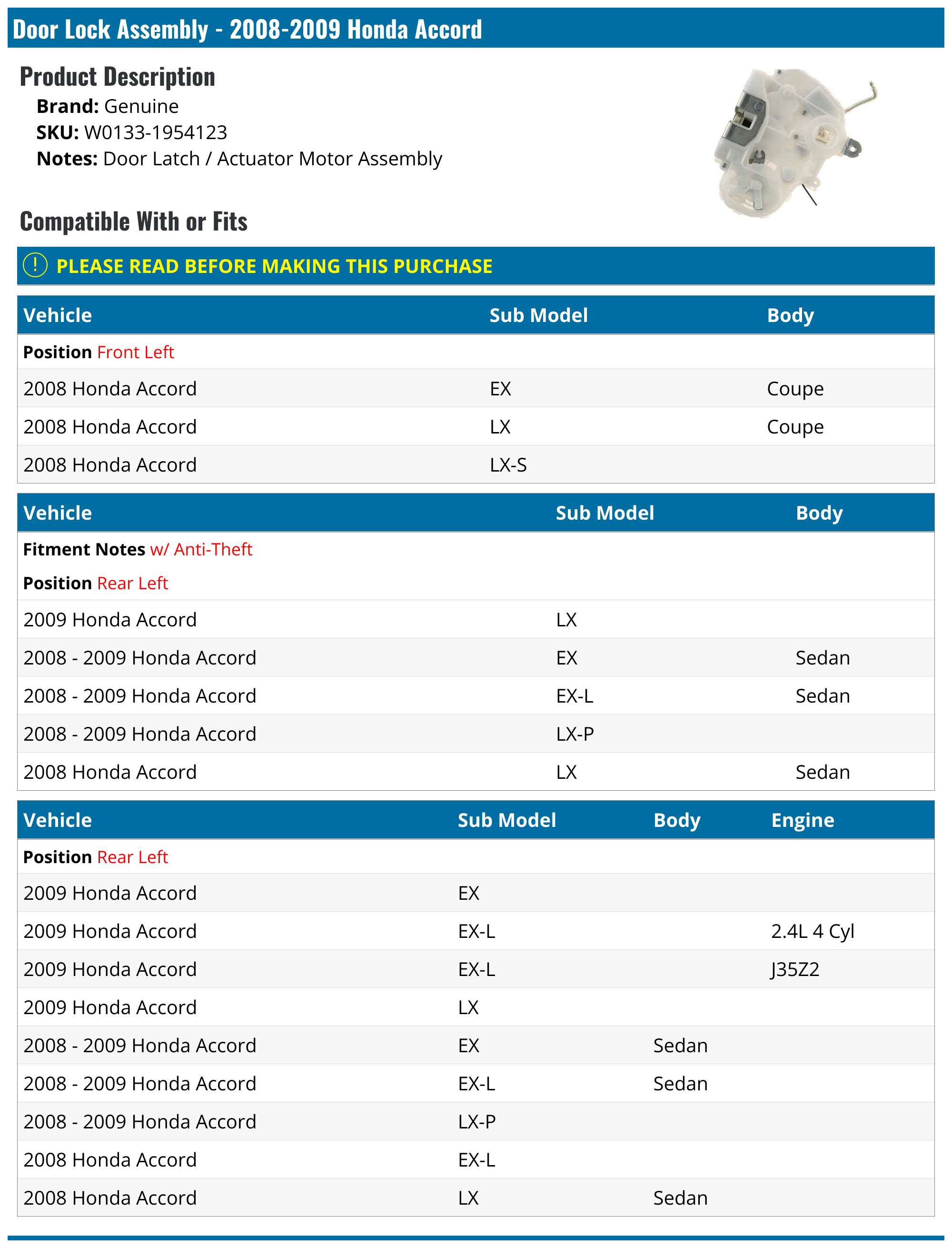 2008-2012 Honda Accord Door Lock Actuator - Genuine W0133-1954123 ...