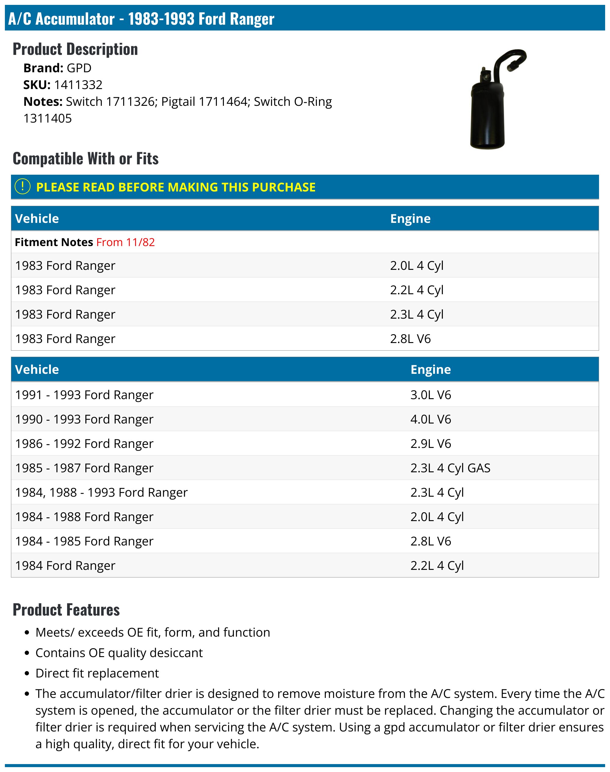 1983-1993 Ford Ranger A/C Accumulator - GPD 1411332 - PartsGeek.com