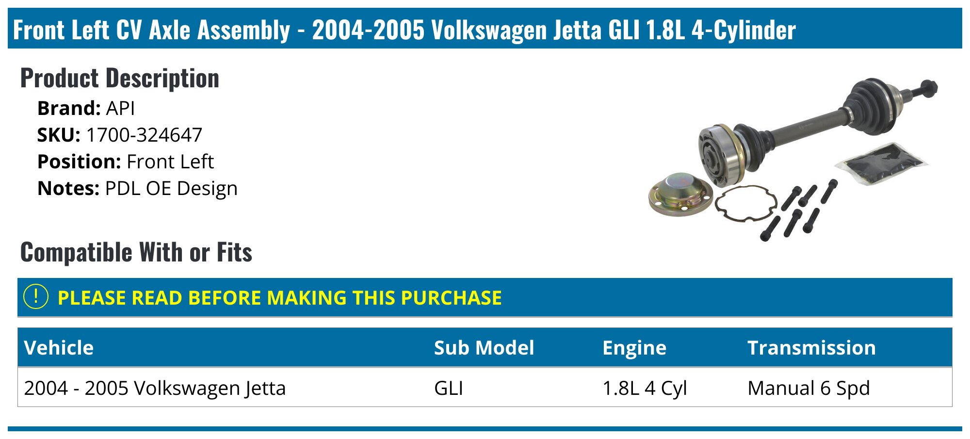 VW Volkswagen Jetta Axle - Drive Axles - API Autopart Premium DriveBolt ...
