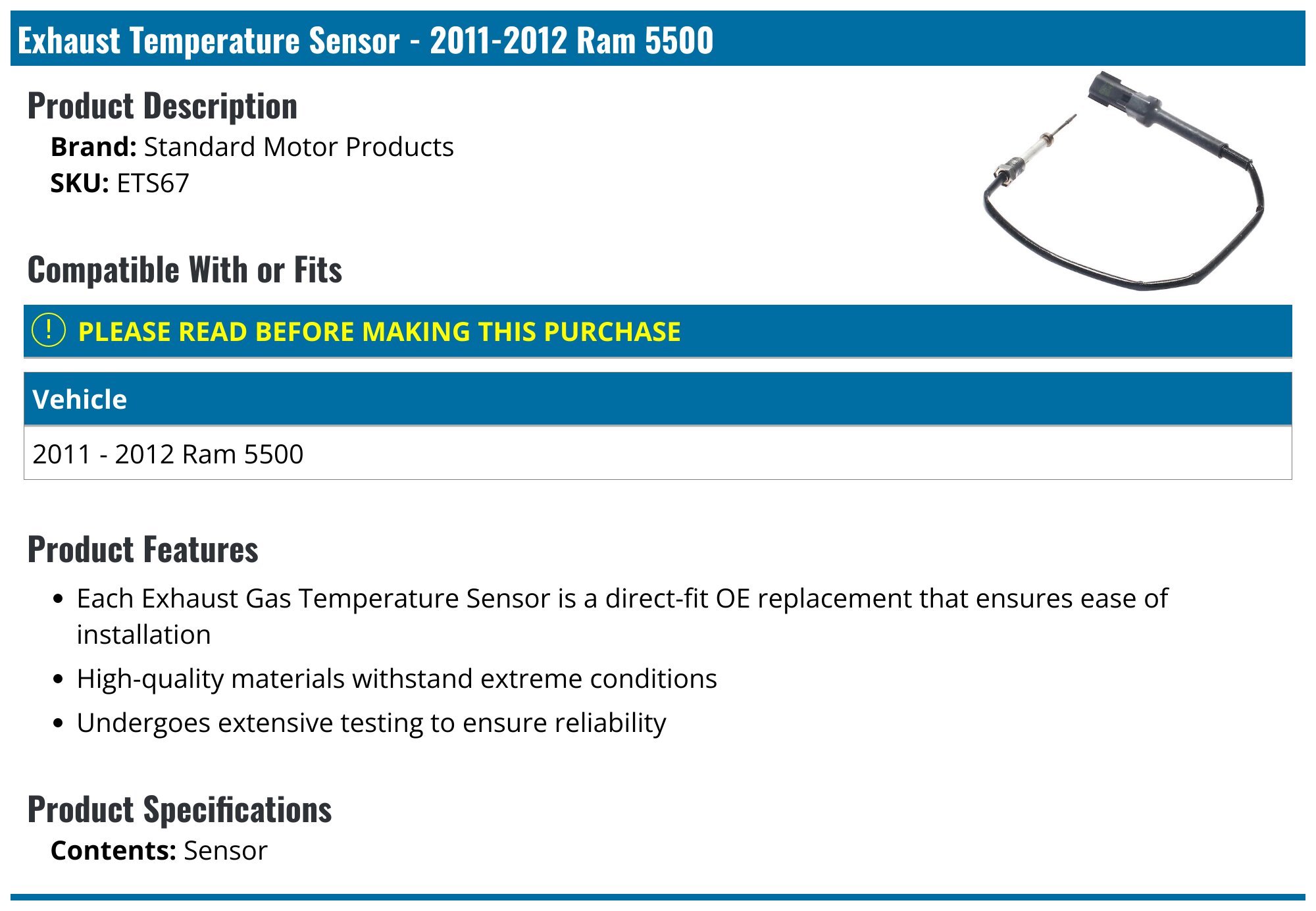 2011-2012 Ram 5500 Exhaust Temperature Sensor - Standard Motor Products ...